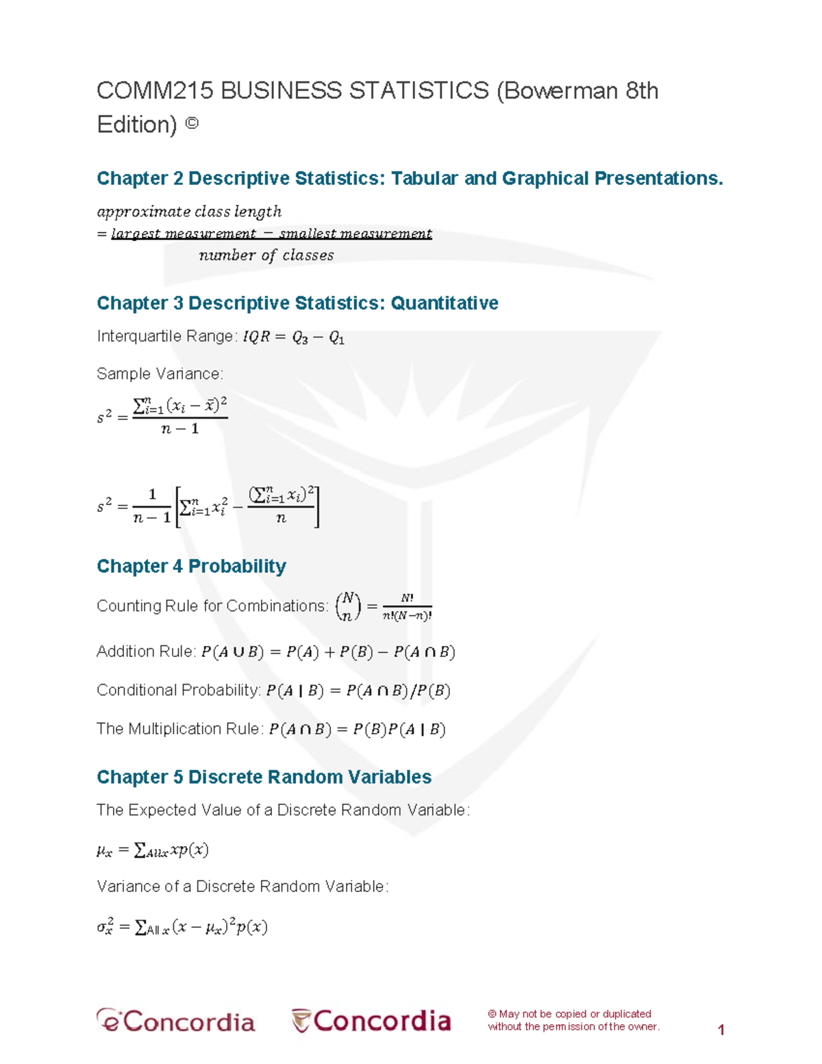 Midterm Formula Sheet - 1 © May not be copied or duplicated without the permission of the owner ...