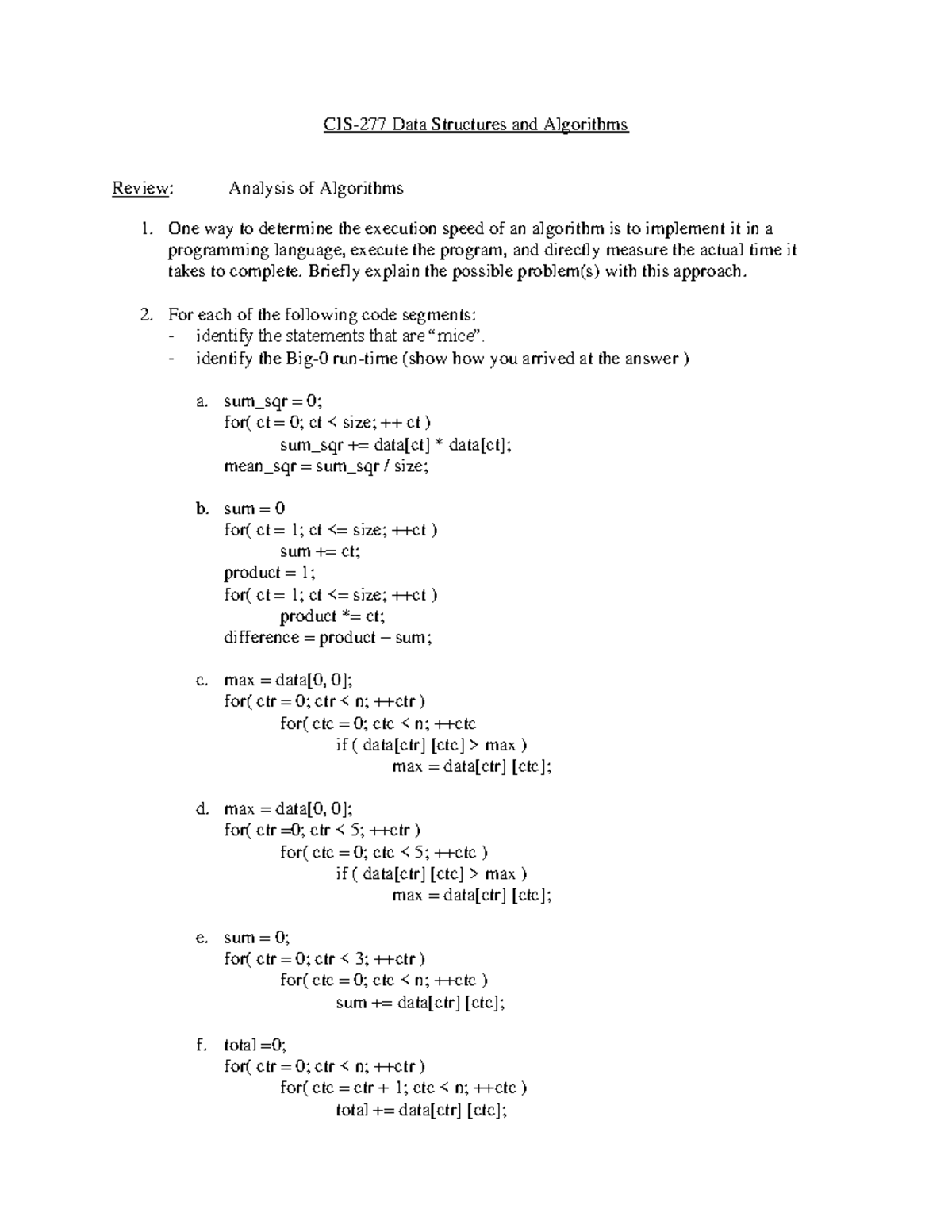 CIS-277 - Data Structures and Algorithms CoureWork Material - CIS-277 Data Structures and ...