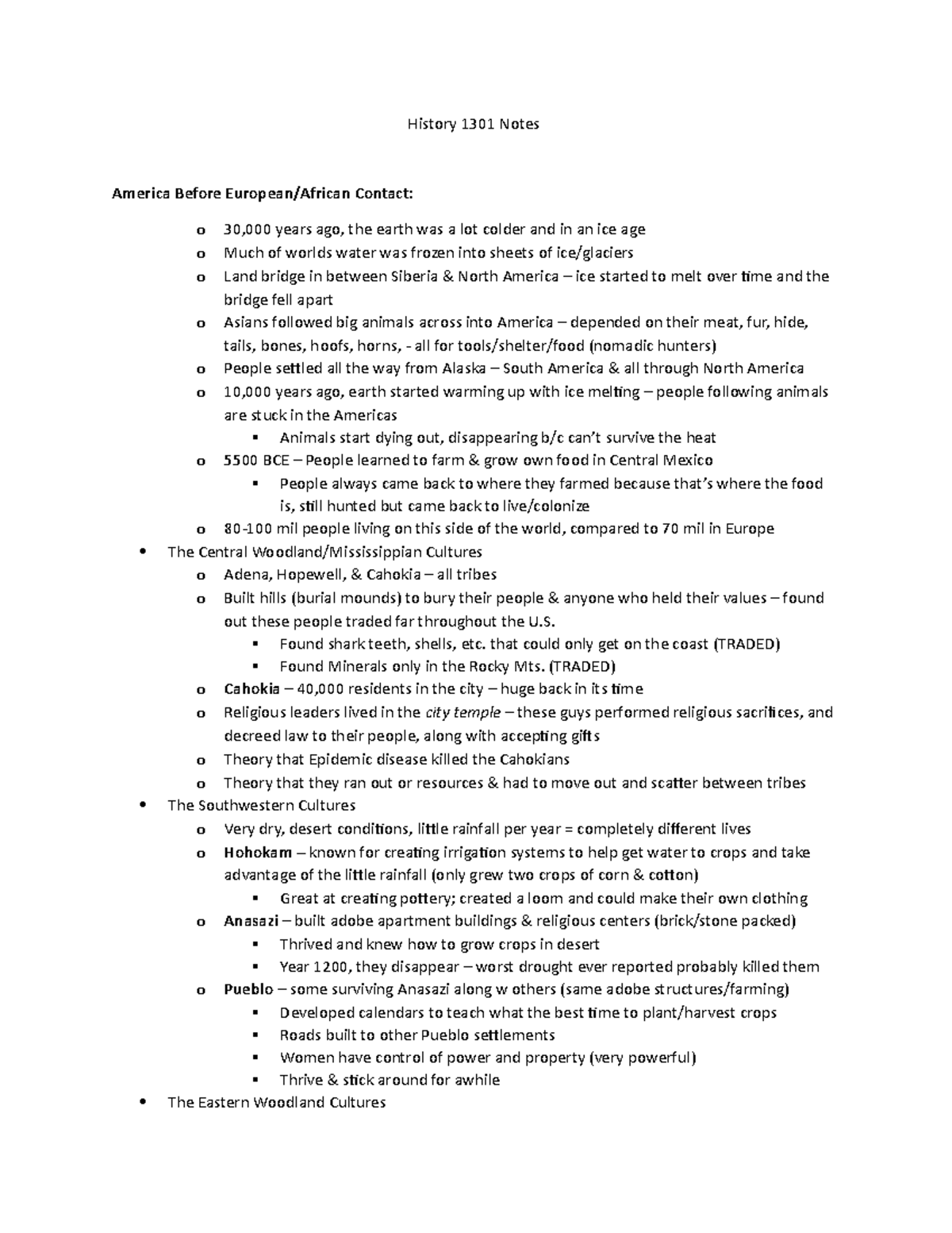 History 1301 Notes - History 1301 Notes America Before European/African ...