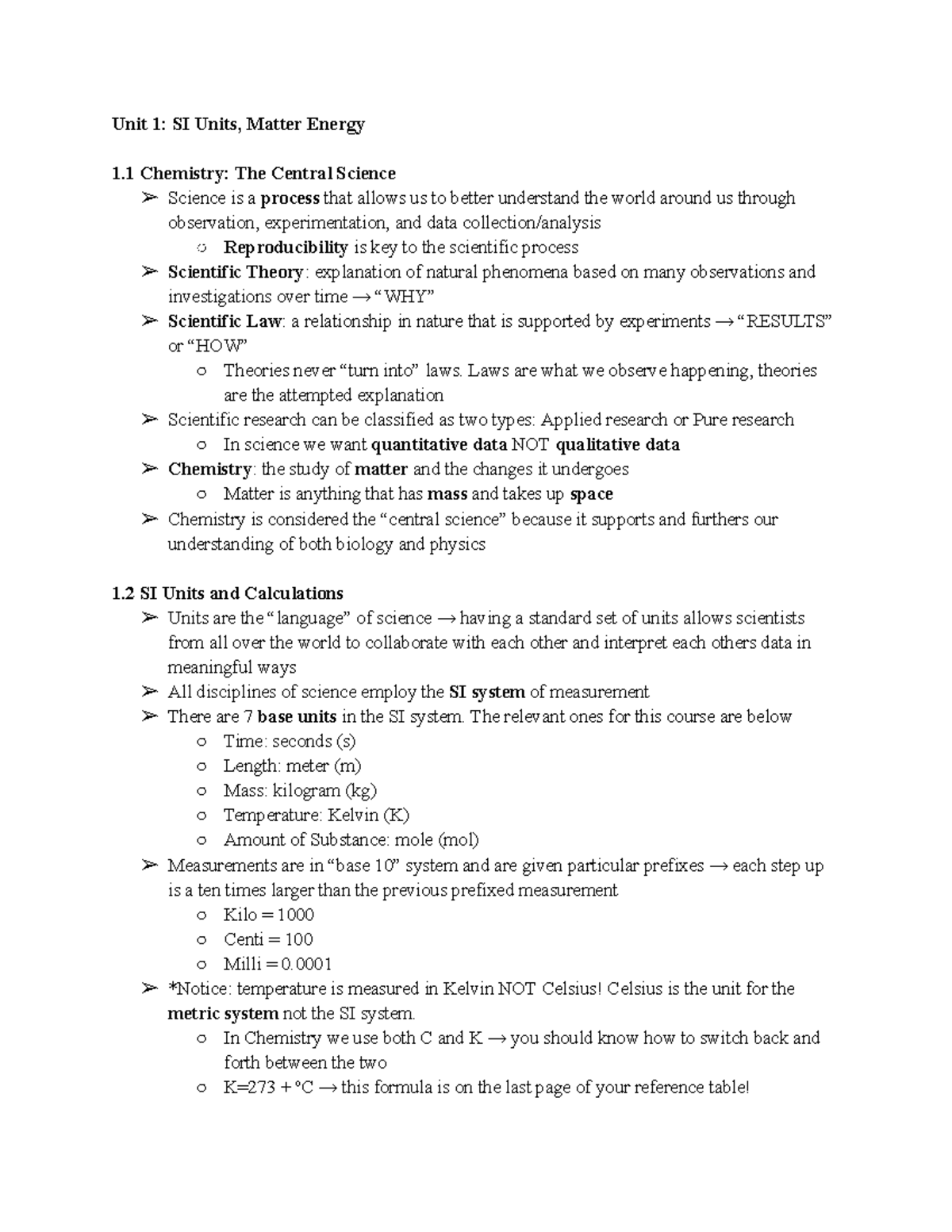 Unit 1 Cheat Sheet - Unit 1: SI Units, Matter Energy 1 Chemistry: The ...