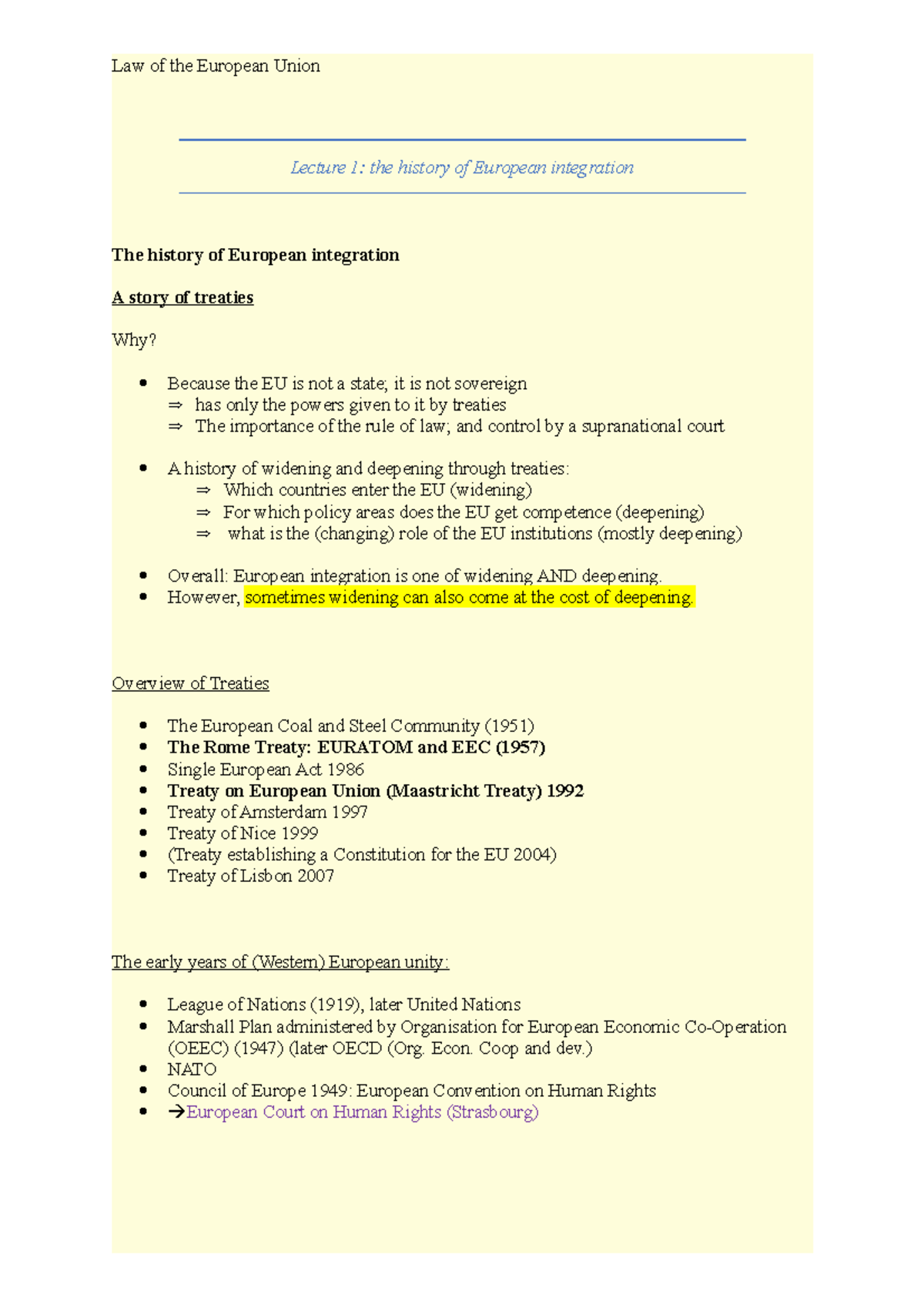Eu Law Lectures Lecture Notes 1 10 Lecture 1 The History Of European Integration The
