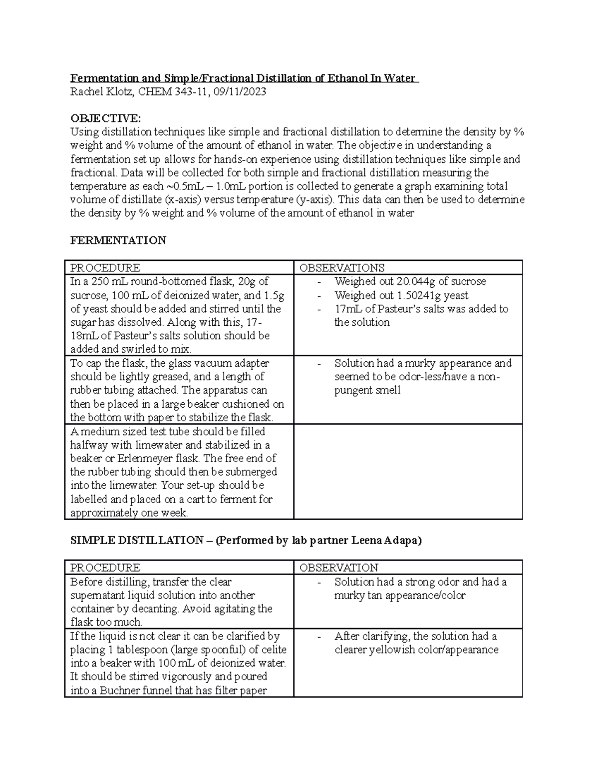 CHEM 343-11 Experiment 3 Lab Report - Fermentation and Simple ...