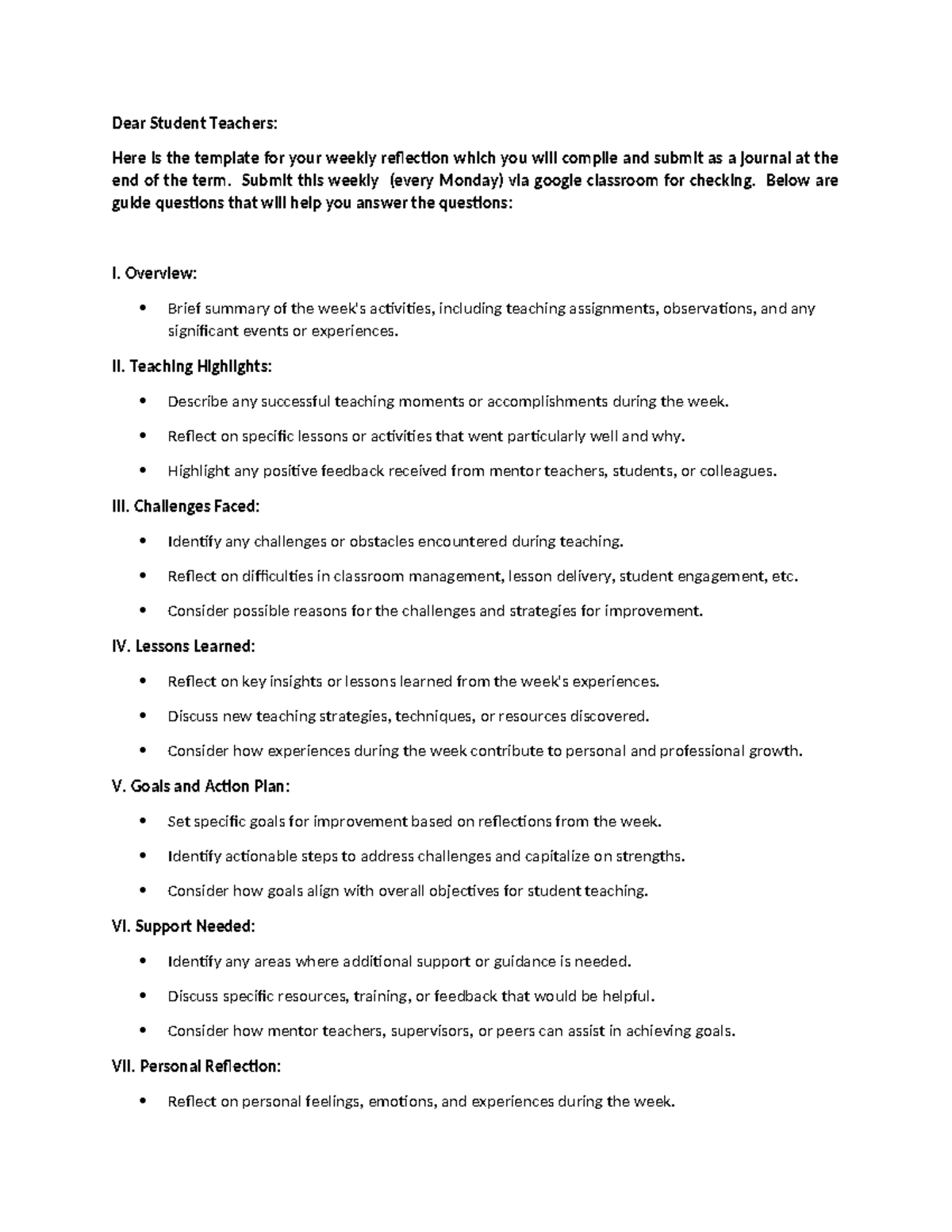 Guidelines for Weekly Reflection - Dear Student Teachers: Here is the ...