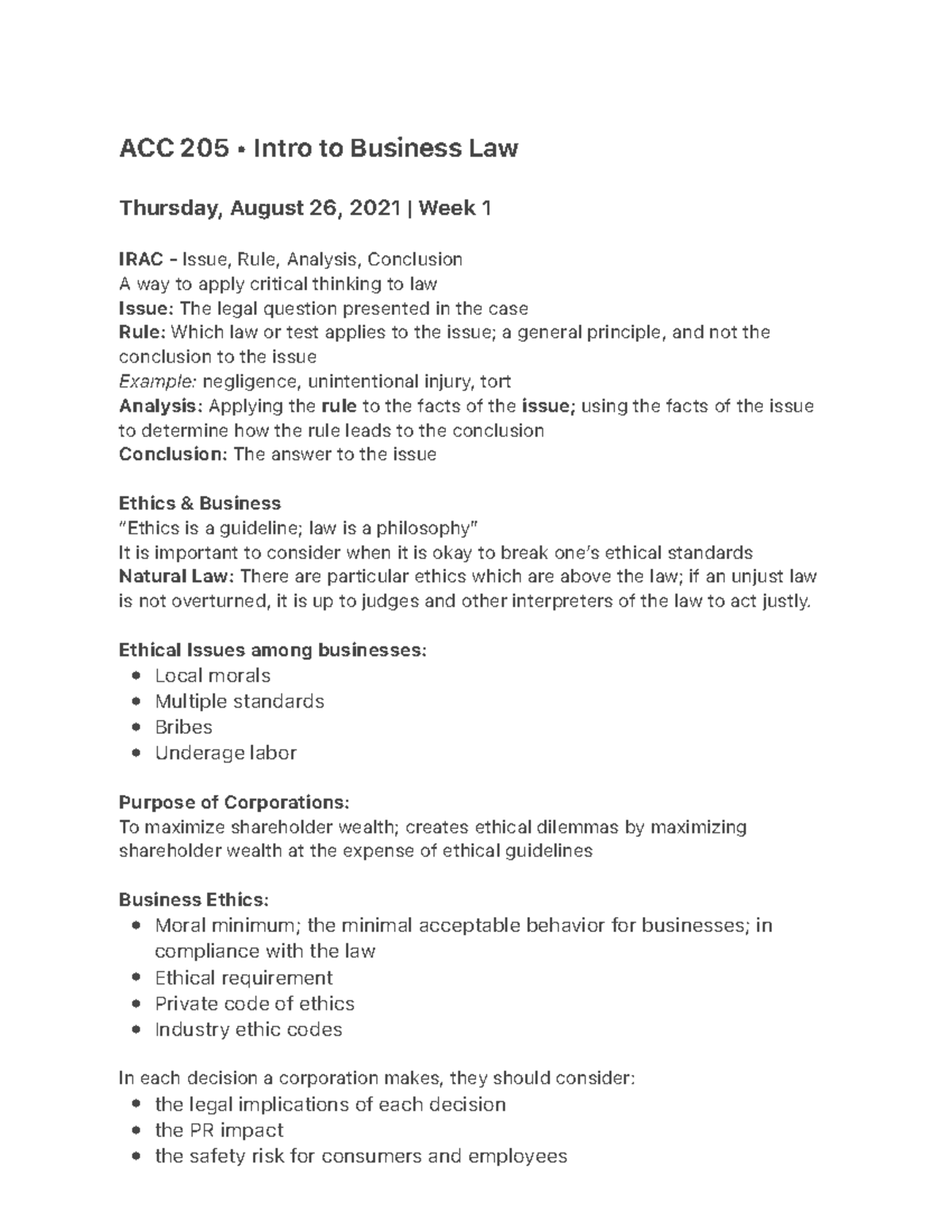 ACC 205 intro notes - ACC 205 • Intro to Business Law Thursday, August ...