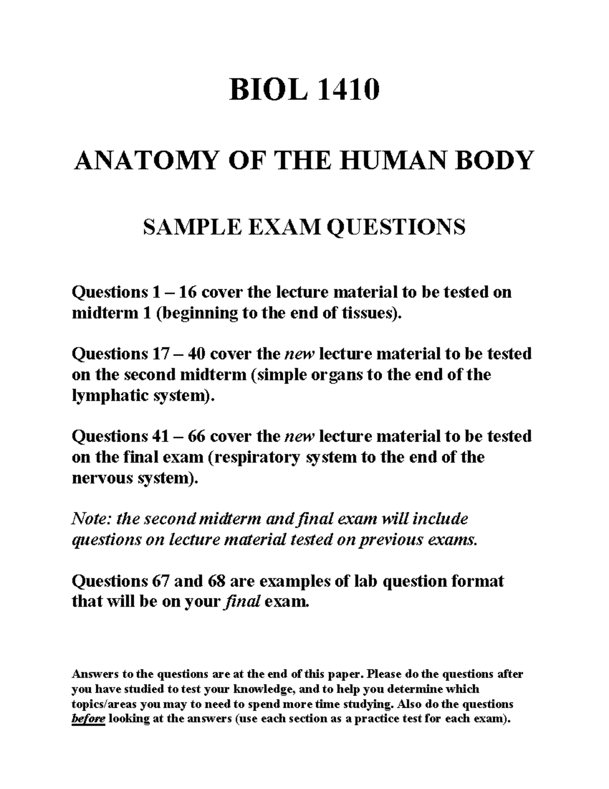1410 Sample 2023 - BIOL 1410 ANATOMY OF THE HUMAN BODY SAMPLE EXAM ...