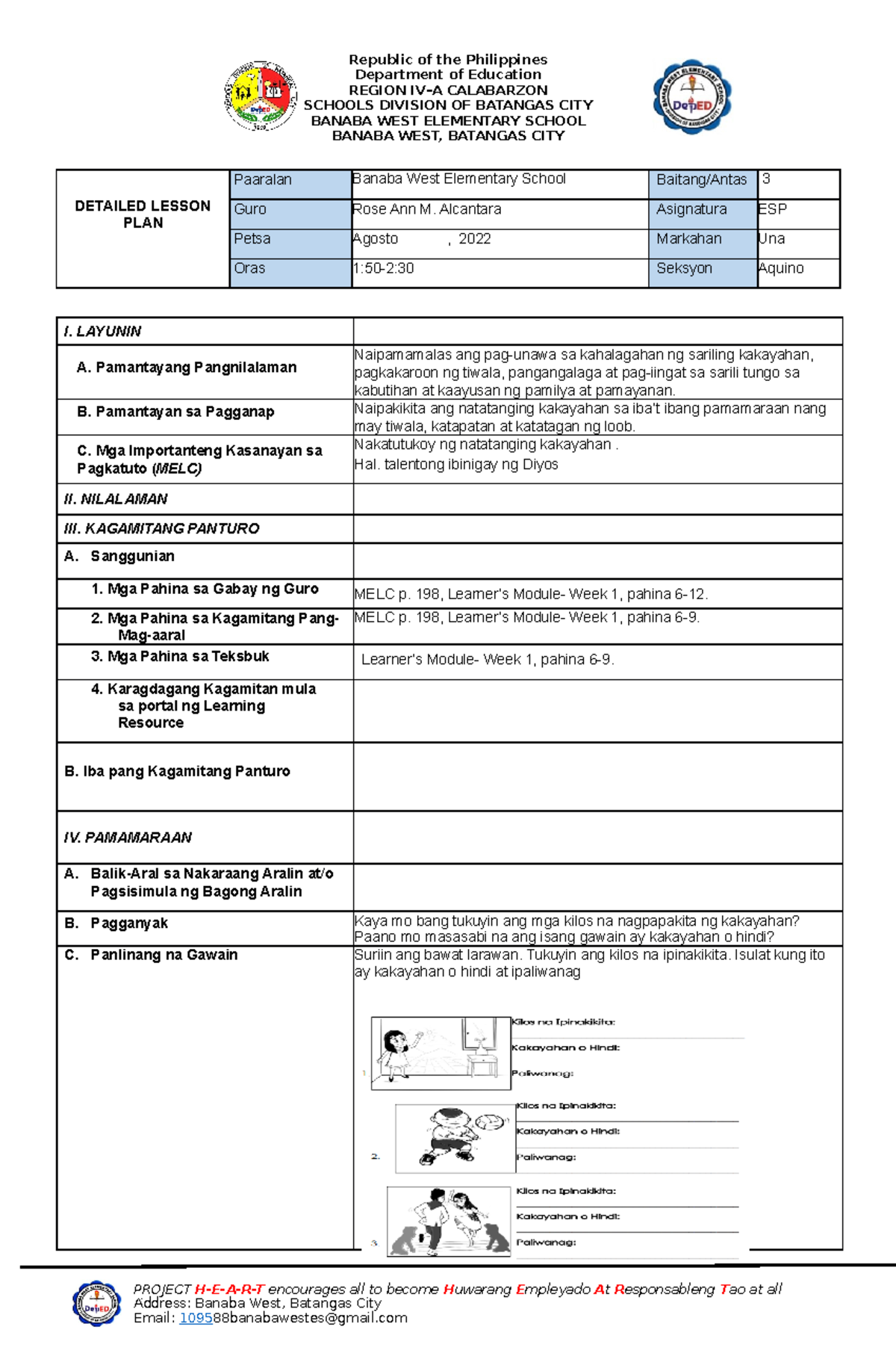 DLP Q1W1 ESP3 - Lesson - Republic of the Philippines Department of ...