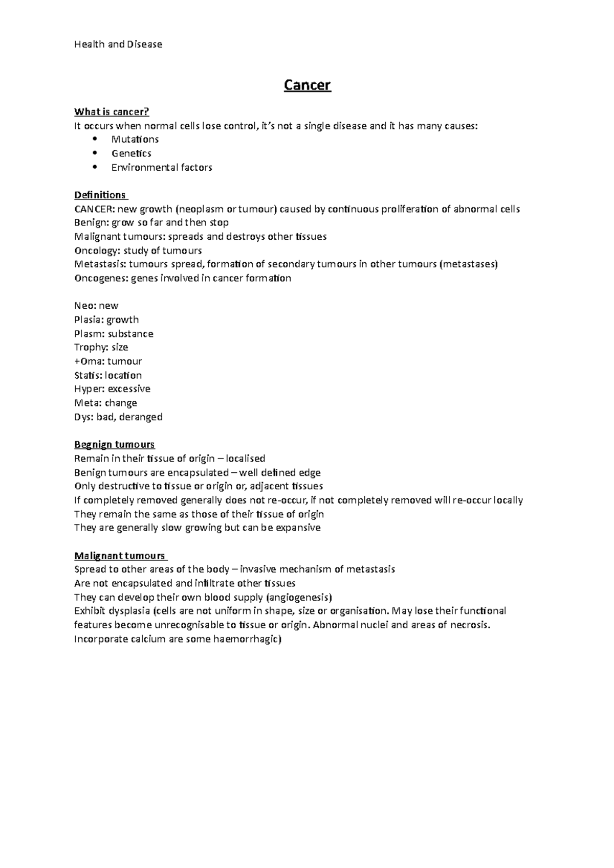 Cancer - notes - Cancer What is cancer? It occurs when normal cells ...