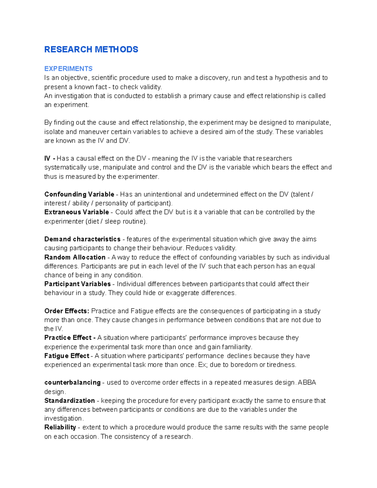 Psychology AS Level Notes - RESEARCH METHODS EXPERIMENTS Is an ...