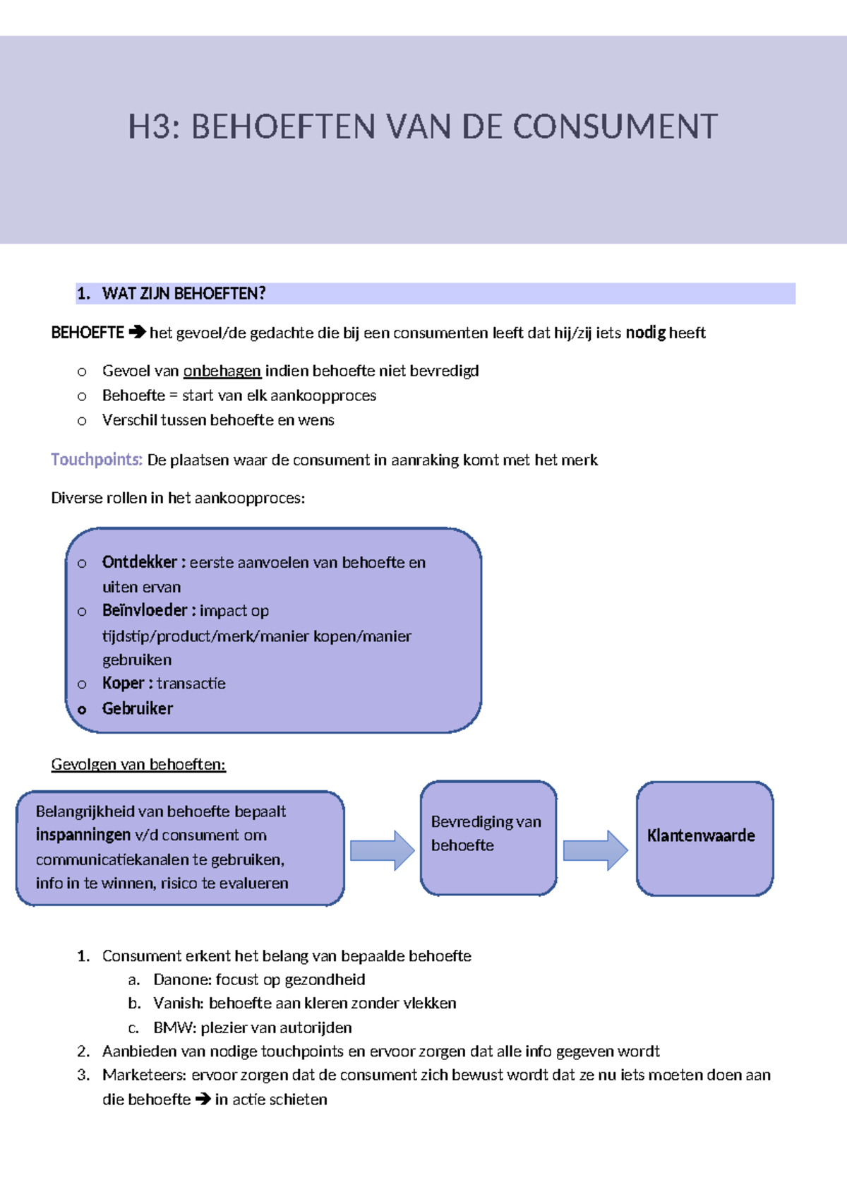 H3 - Behoeften VAN DE Consument - H3: BEHOEFTEN VAN DE CONSUMENT 1. WAT ...