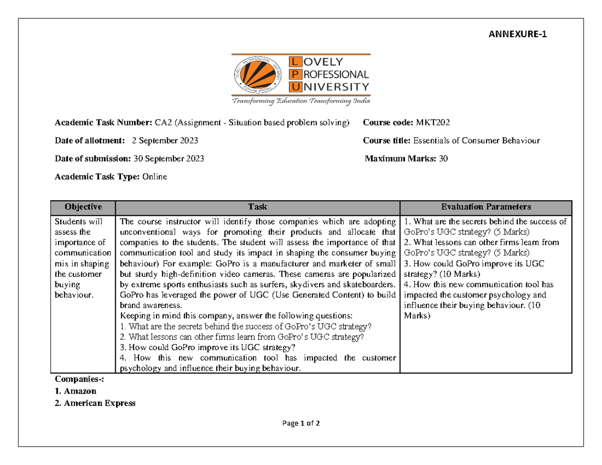 A457405934 29433 2 2023 CA2 MKT 251 - ANNEXURE- Page 1 of 2 Academic Task Number: CA2 ...