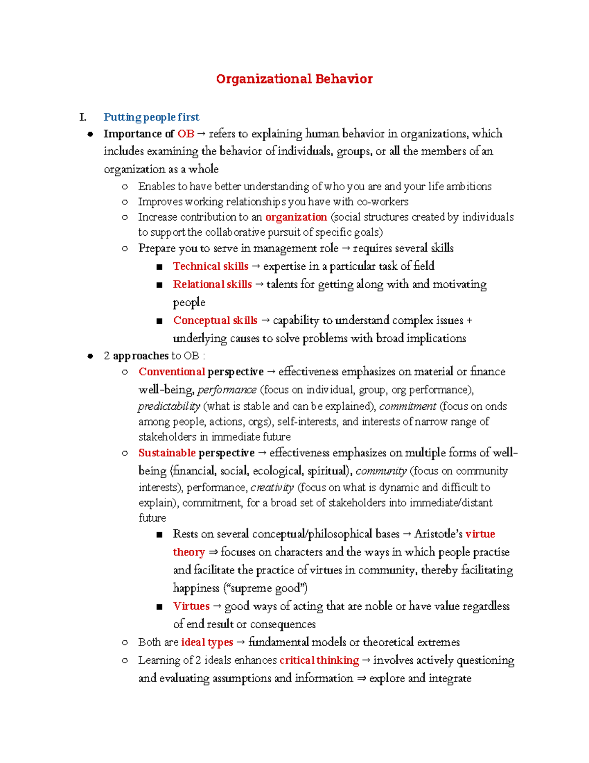 Organizational Behavior Notes - Organizational Behavior I. Putting ...