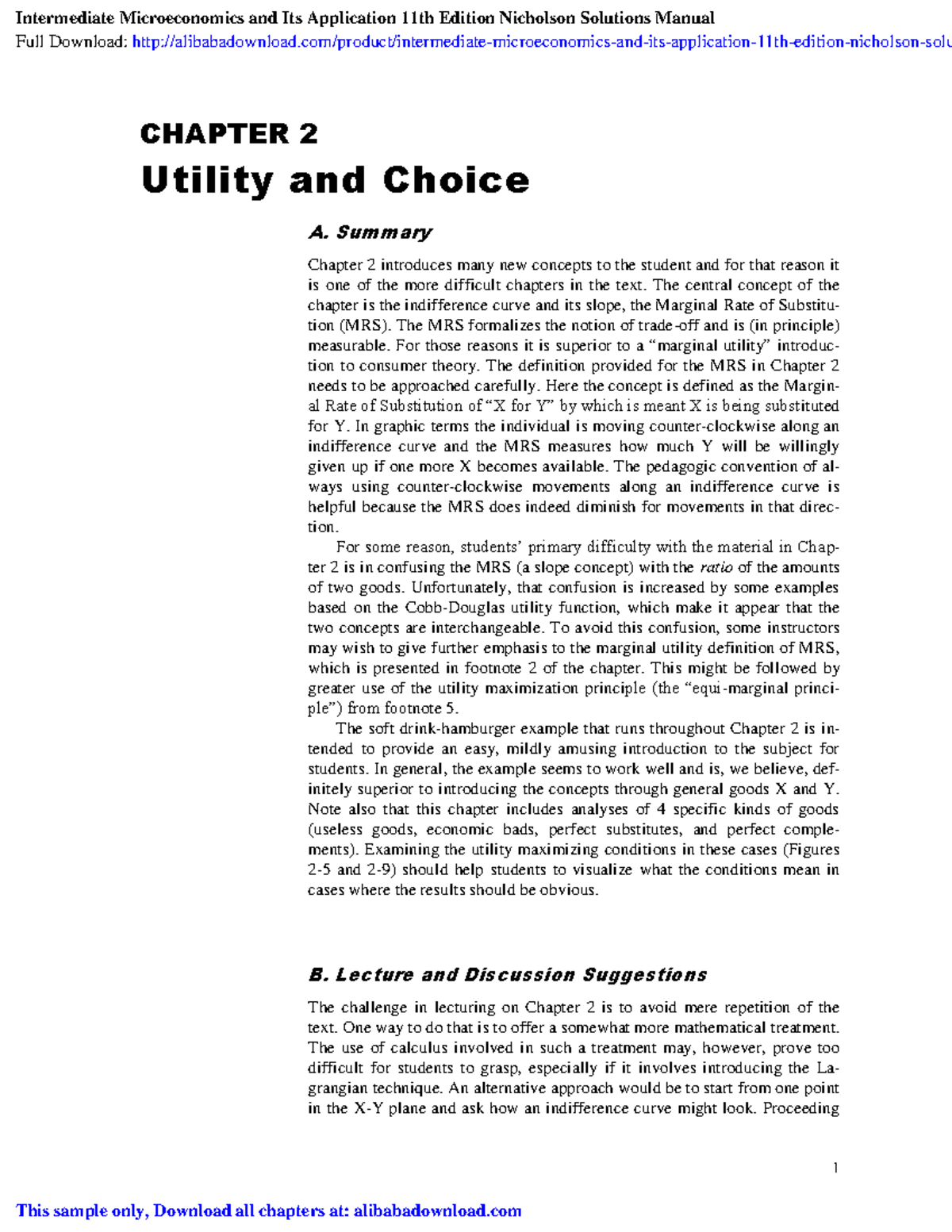 Chapter 2 Utility and Choice - 1 CHAPTER 2 Utility and Choice A. Summary Chapter 2 introduces ...