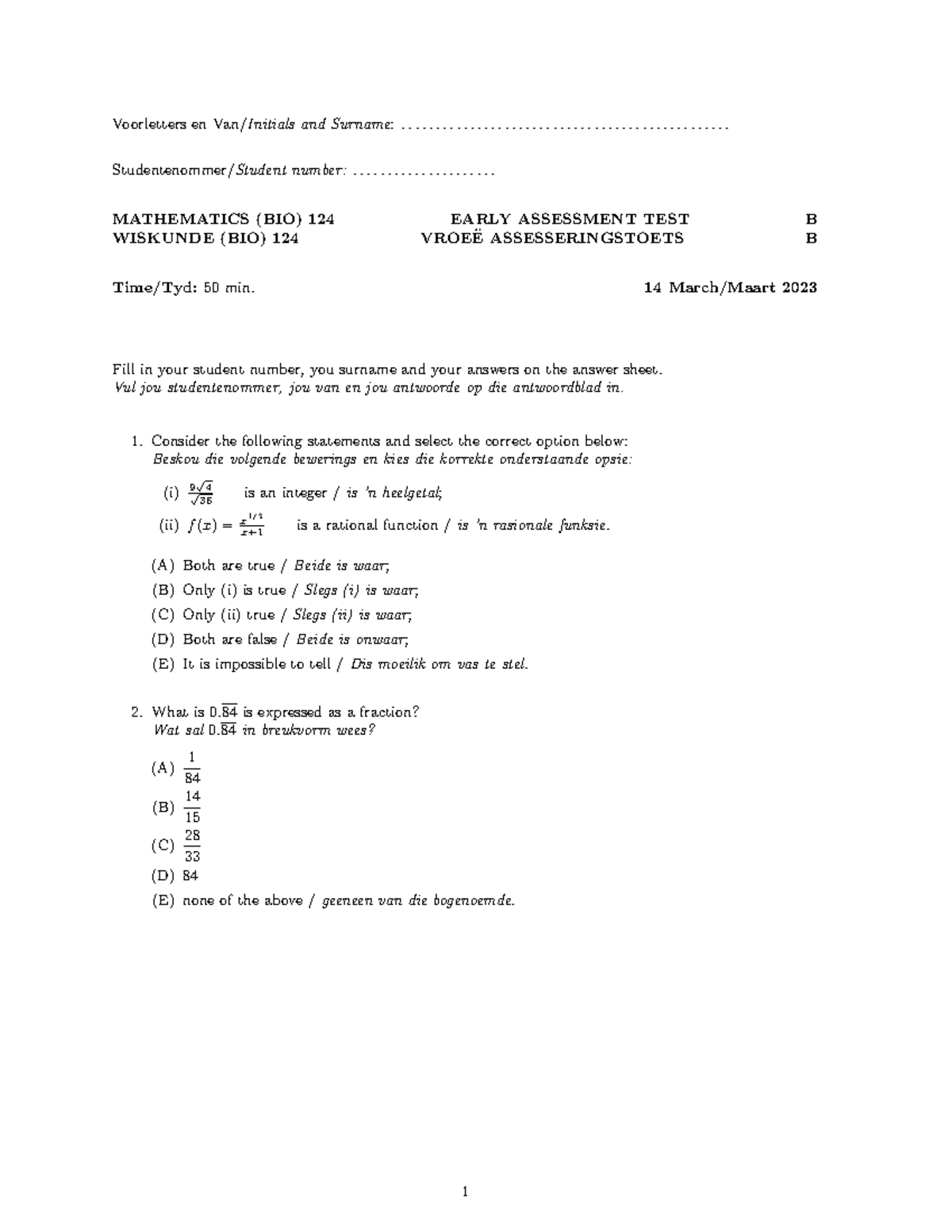 EA test B (Tue) - EA test - Voorletters en Van/Initials and - Studocu