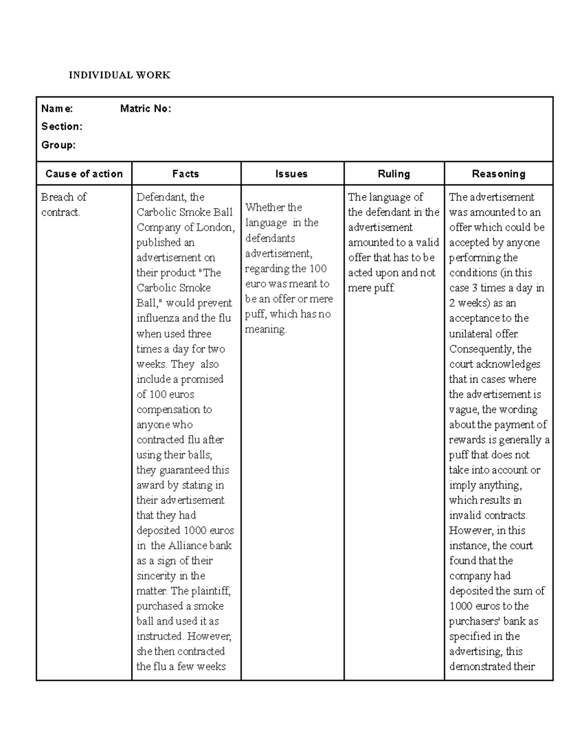 Individual WORK (Legal Method) - INDIVIDUAL WORK Name: Matric No ...