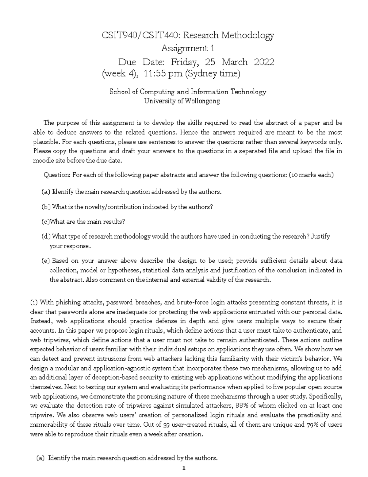 Assignment 1 2022 CSIT440 940 - 1 CSIT940/CSIT440: Research Methodology ...