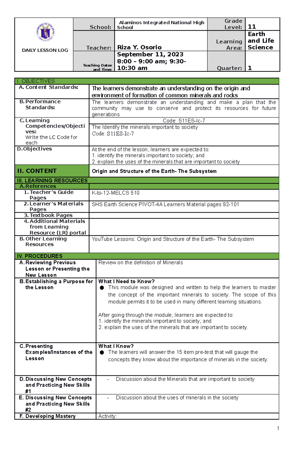 DLL WEEK-3 DAY-1 - ELS week 2 dll - DAILY LESSON LOG School: Alaminos ...