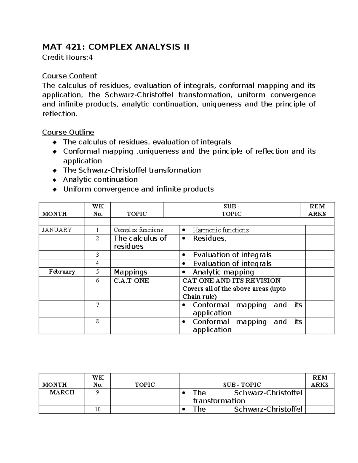 MAT 421 Complex Analysis II - MAT 421: COMPLEX ANALYSIS II Credit Hours: Course Content The ...