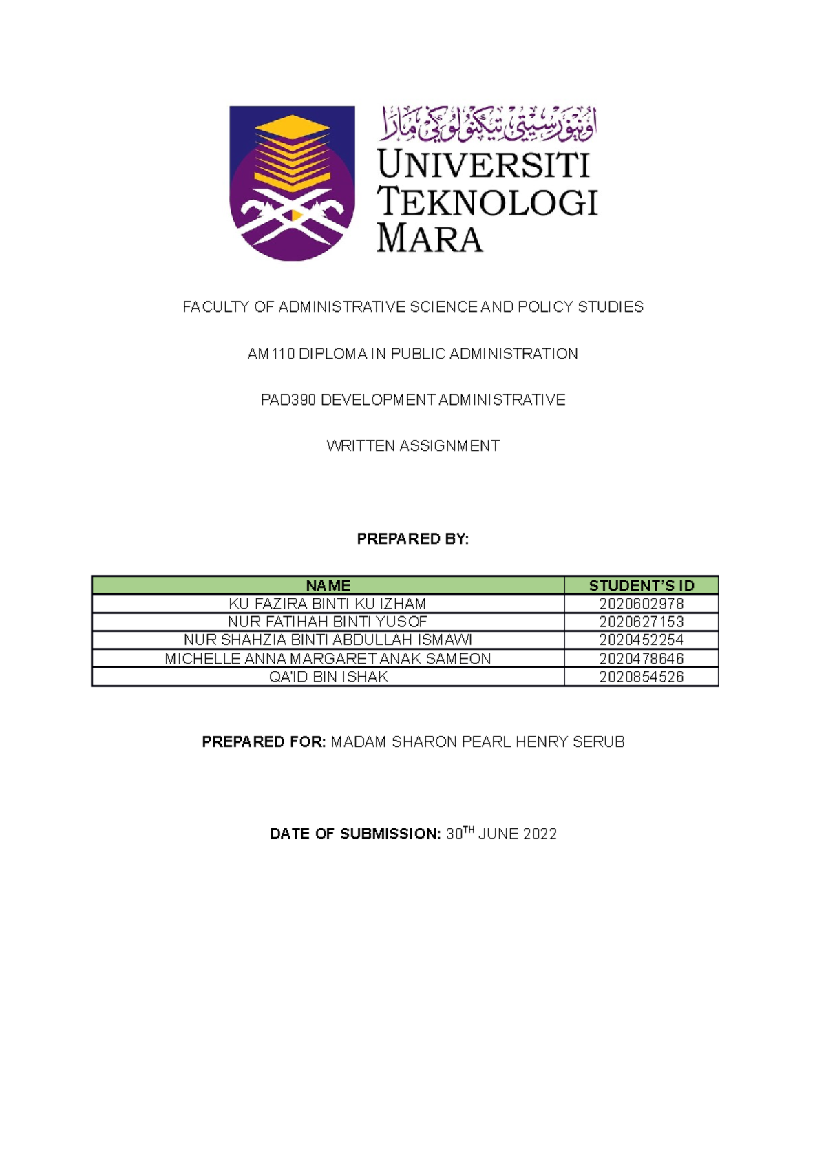 PAD390 Written Assignment - FACULTY OF ADMINISTRATIVE SCIENCE AND ...