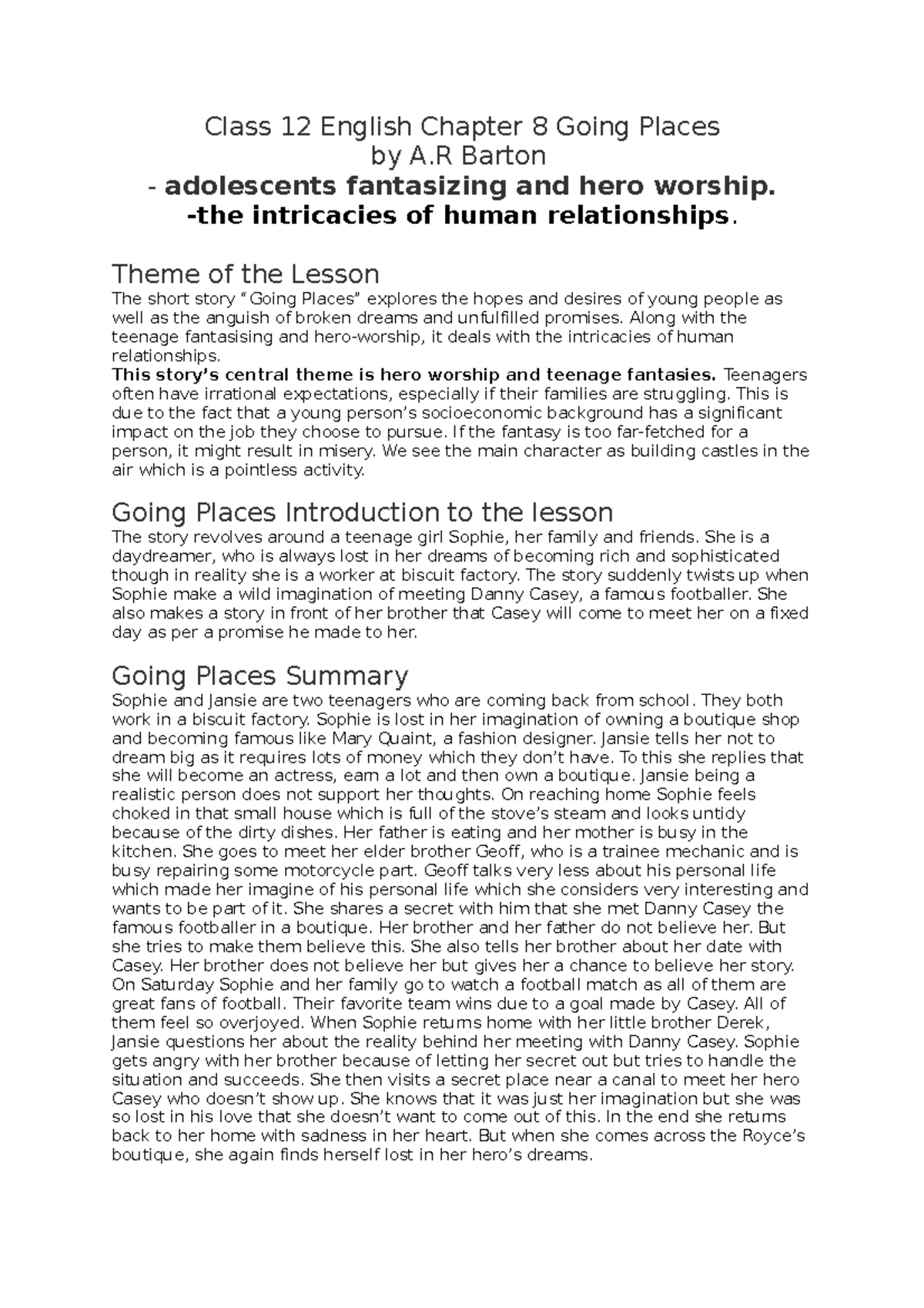 Going Places - Class 12 English Chapter 8 Going Places by A Barton ...