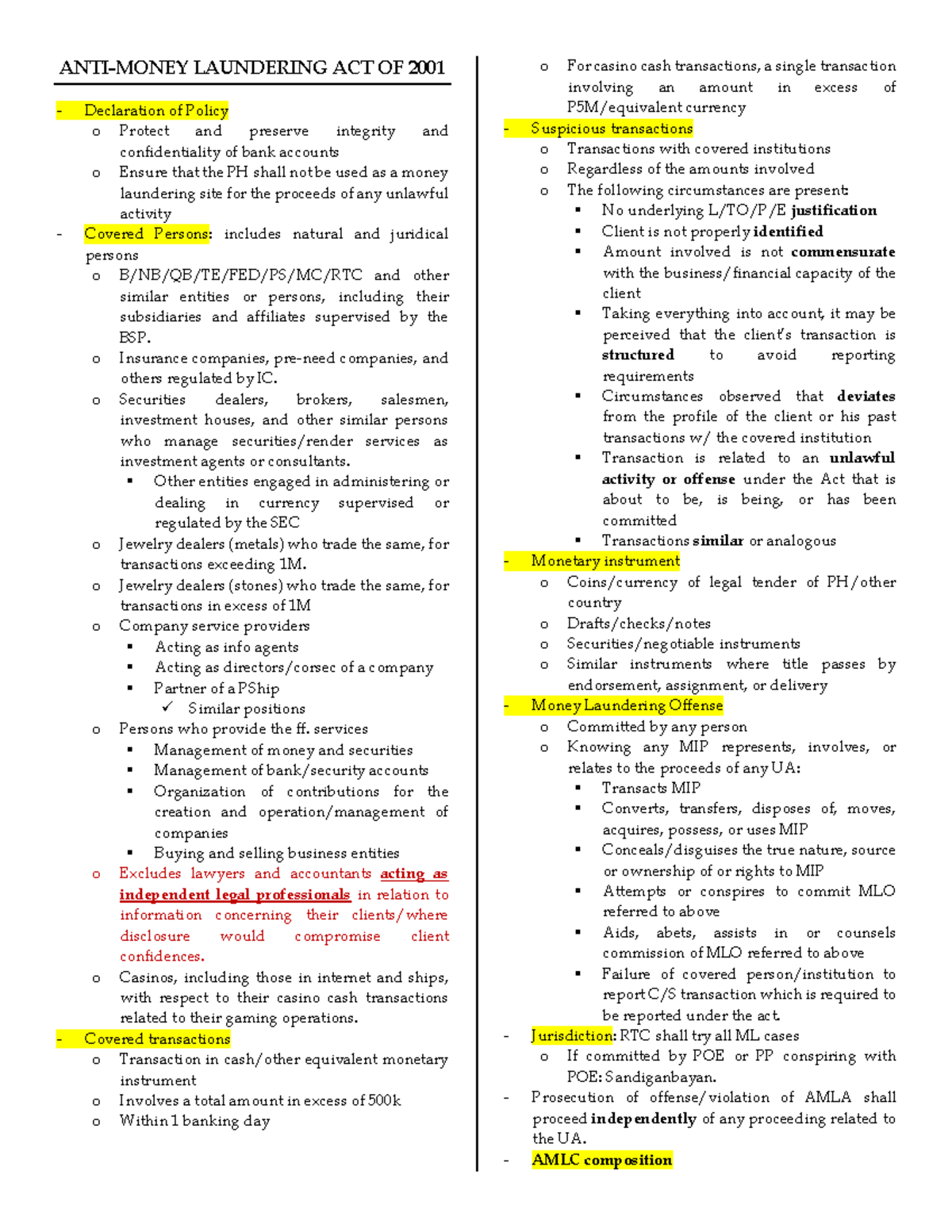Review on AMLA - Salient Points and Provisions - ANTI-MONEY LAUNDERING ...