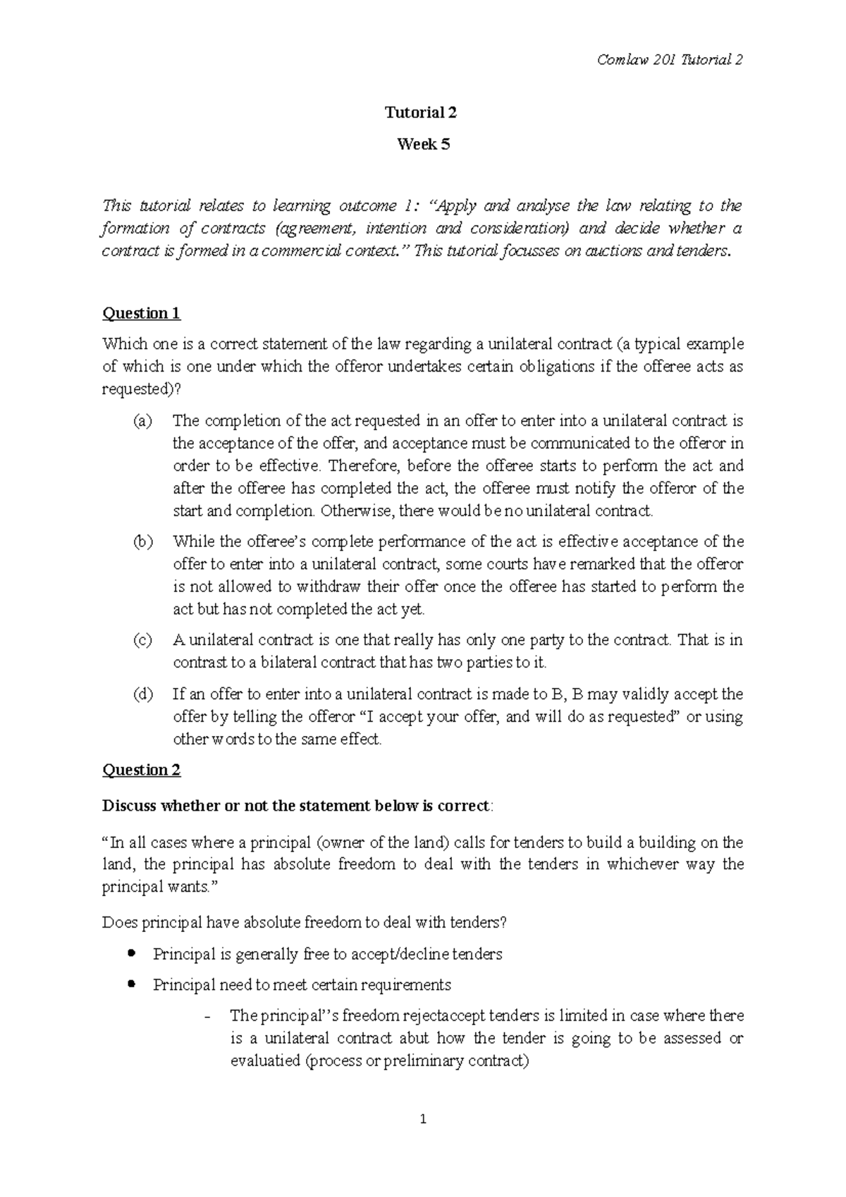 Comlaw 201 Tutorial 2 - Tutorial 2 Week 5 This tutorial relates to ...