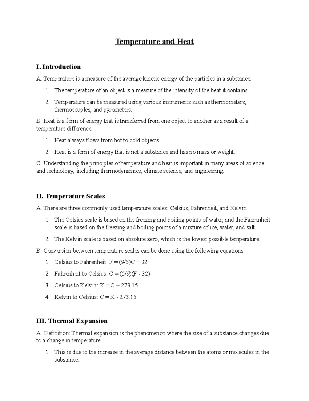 Temperature and Heat - PHYS25100 - Temperature and Heat I. Introduction ...