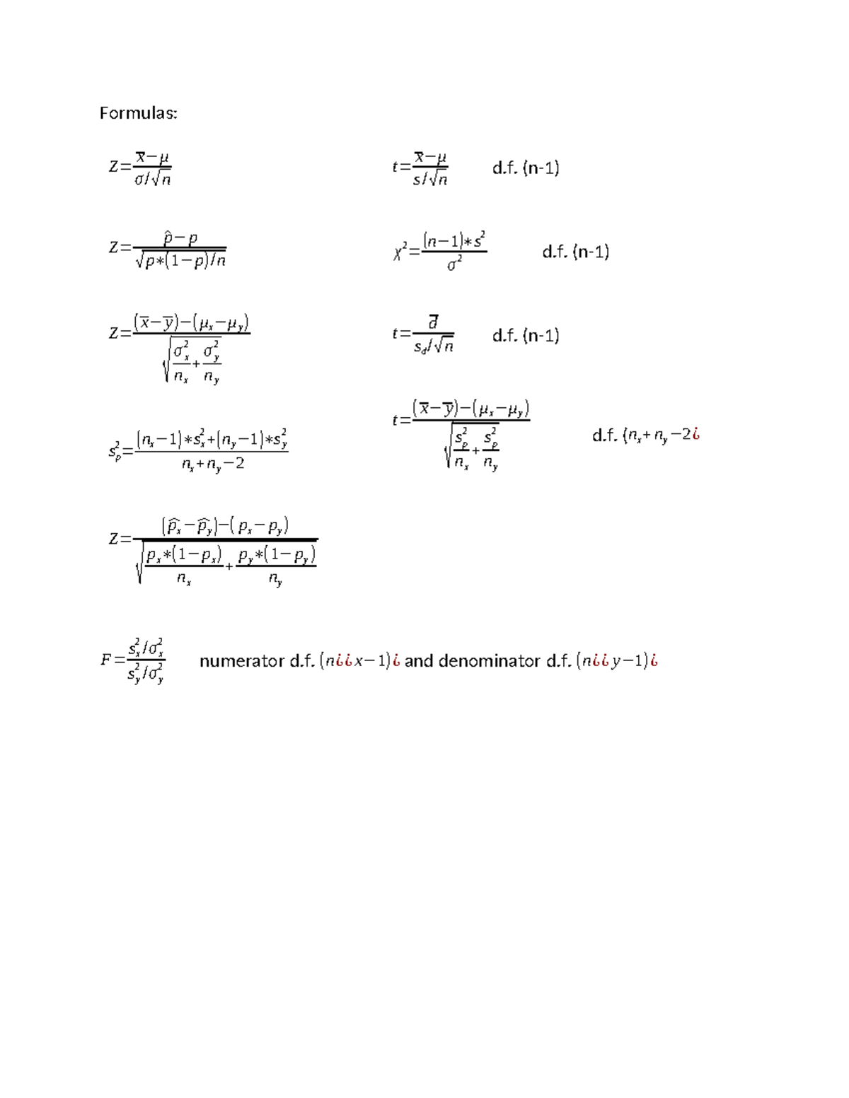 Formula page for Final - ####### Formulas: Z= x−μ σ / √ n Z= ^p− p √ p∗ ...