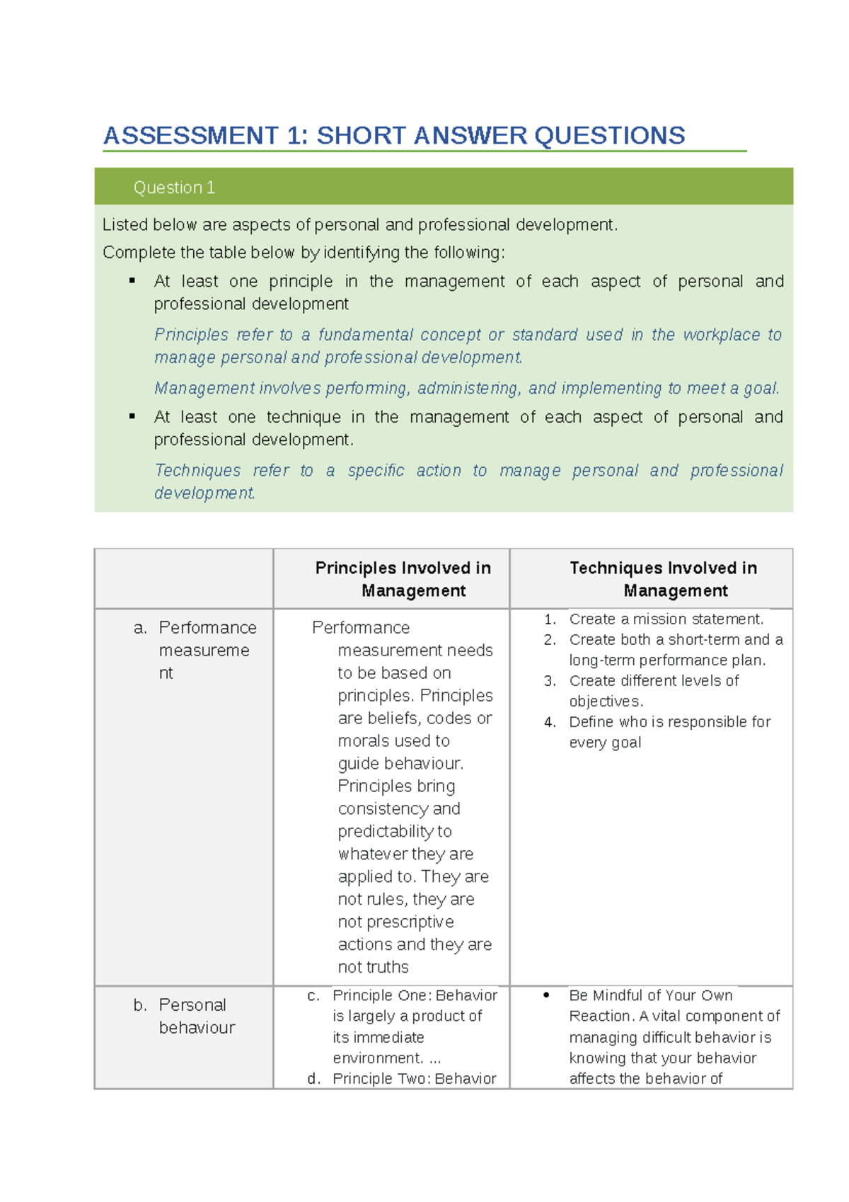 Bsbpef 501 ASS1 Short - Assignment in collage - ASSESSMENT 1: SHORT ANSWER QUESTIONS Question 1 ...