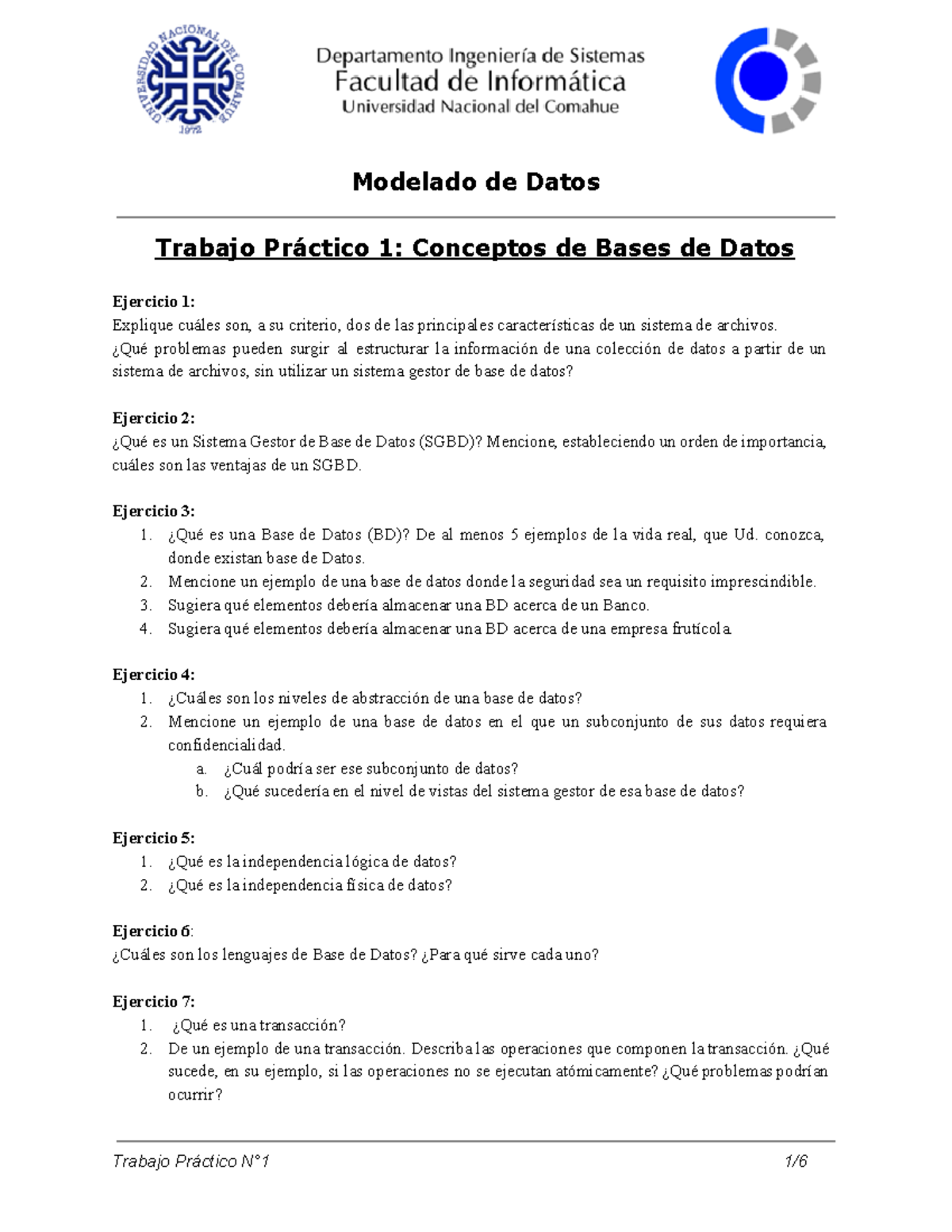 MD TP1 - Ejercicios practicos concepto de base de datos - Modelado de Datos Trabajo 1: Conceptos ...