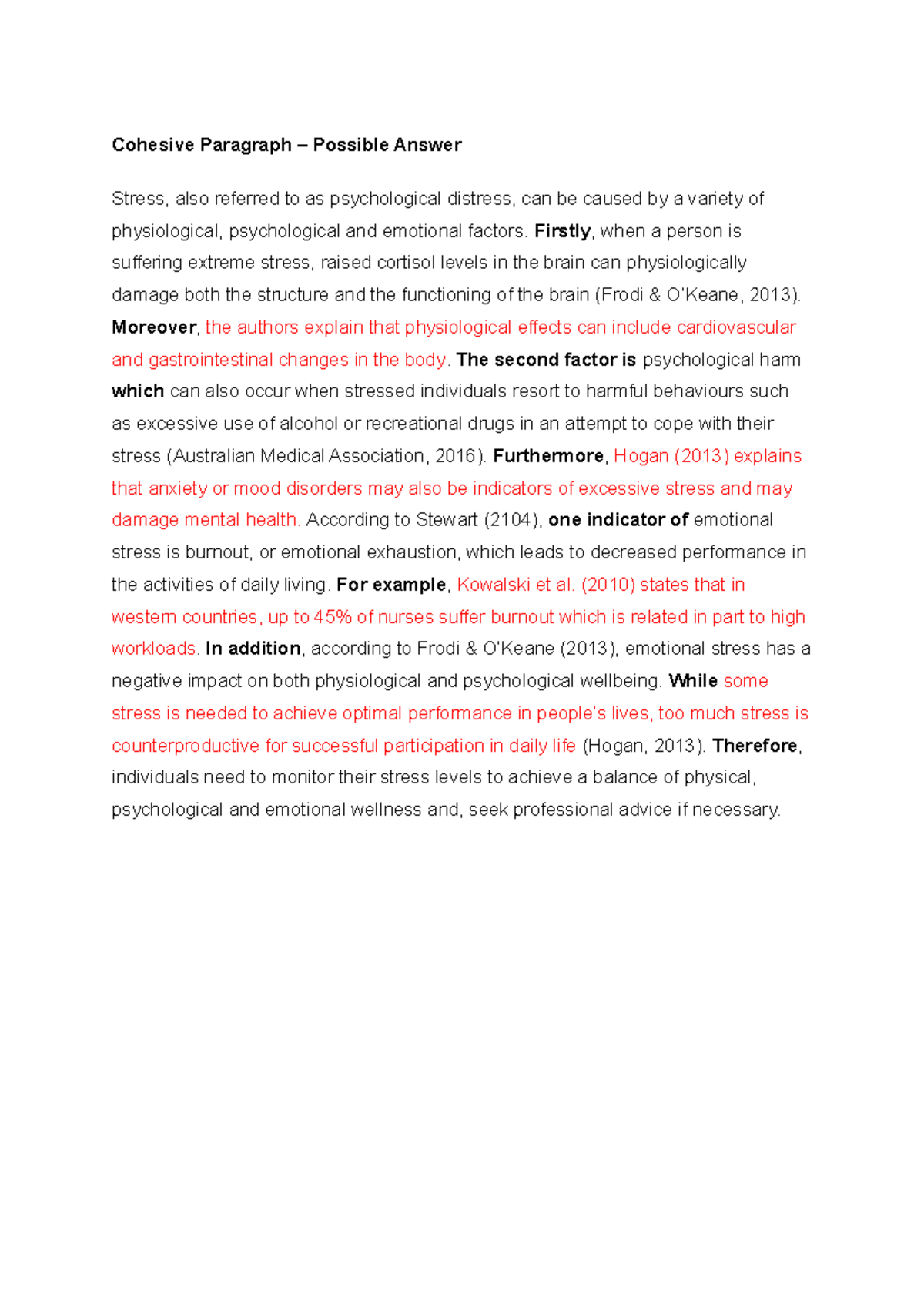 Cohesive Paragraph (Stress) 1803- Key - Cohesive Paragraph – Possible ...