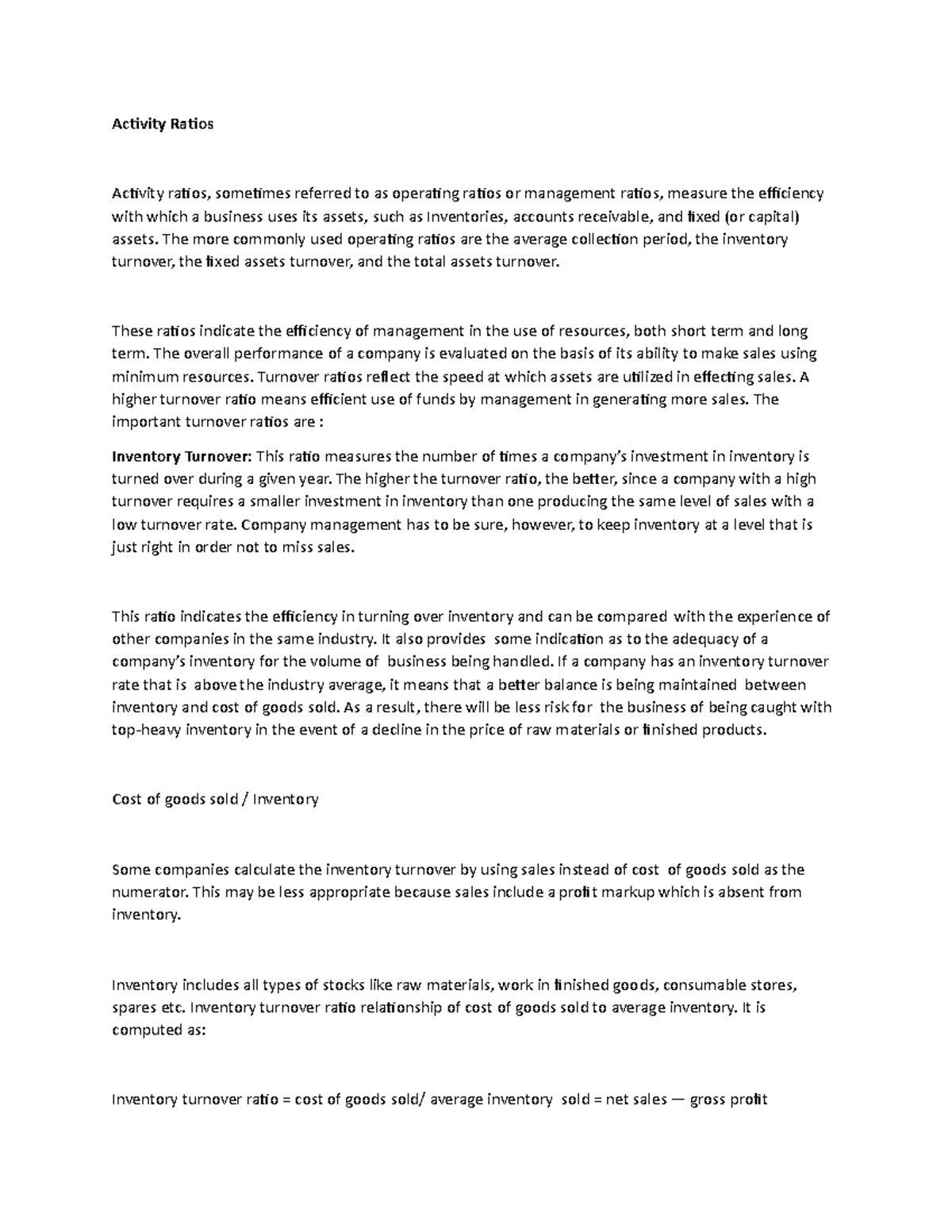 Activity ratios - Business studies - Activity Ratios Activity ratios ...