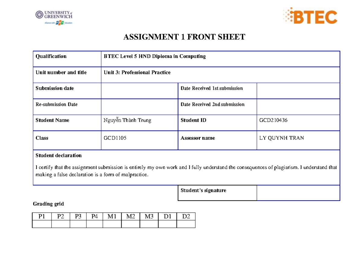 Asm1 Professional Practice Thanh Trung GCD210436 - ASSIGNMENT 1 FRONT SHEET Qualification BTEC ...