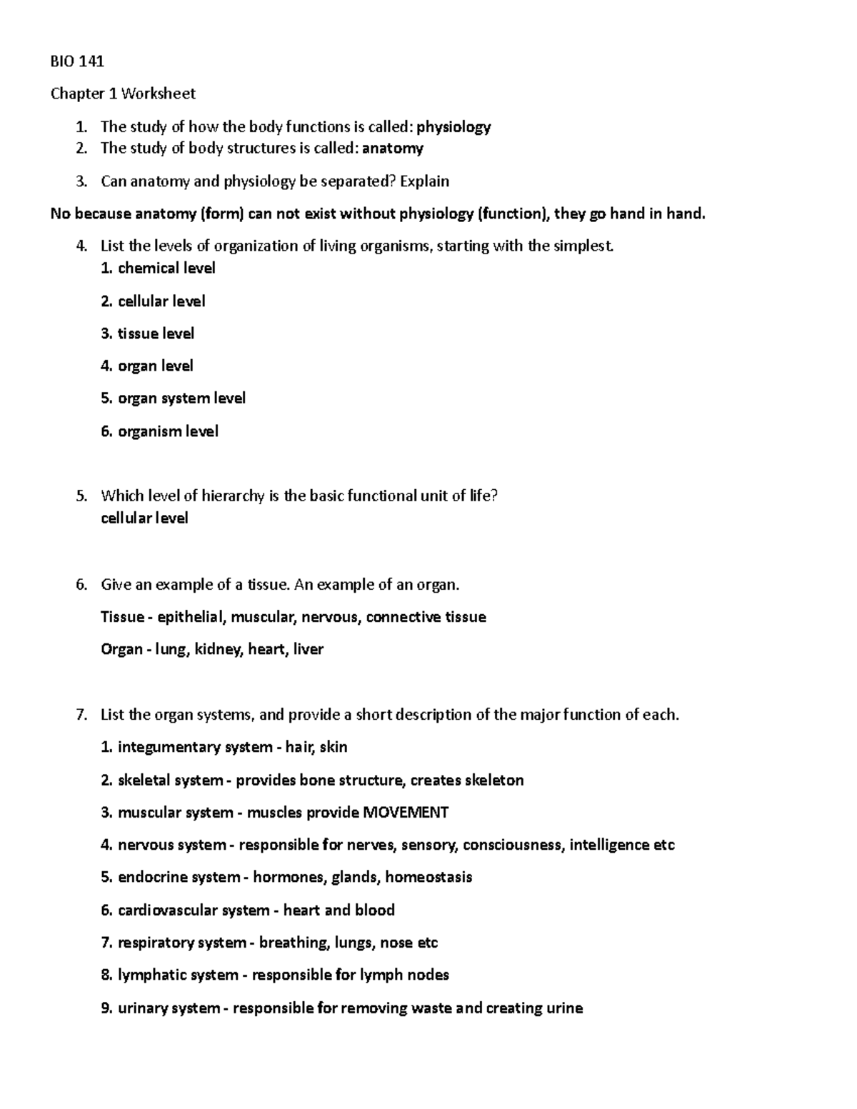 Chapter 1 Worksheet Lecture Notes 1 4 BIO 141 Chapter 1 Worksheet 1