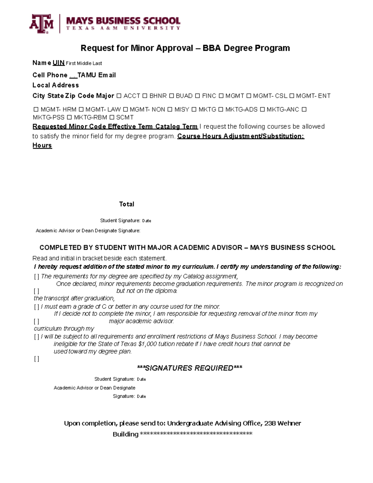 Minor Approval Request Form - Request for Minor Approval – BBA Degree Program Name UIN First ...