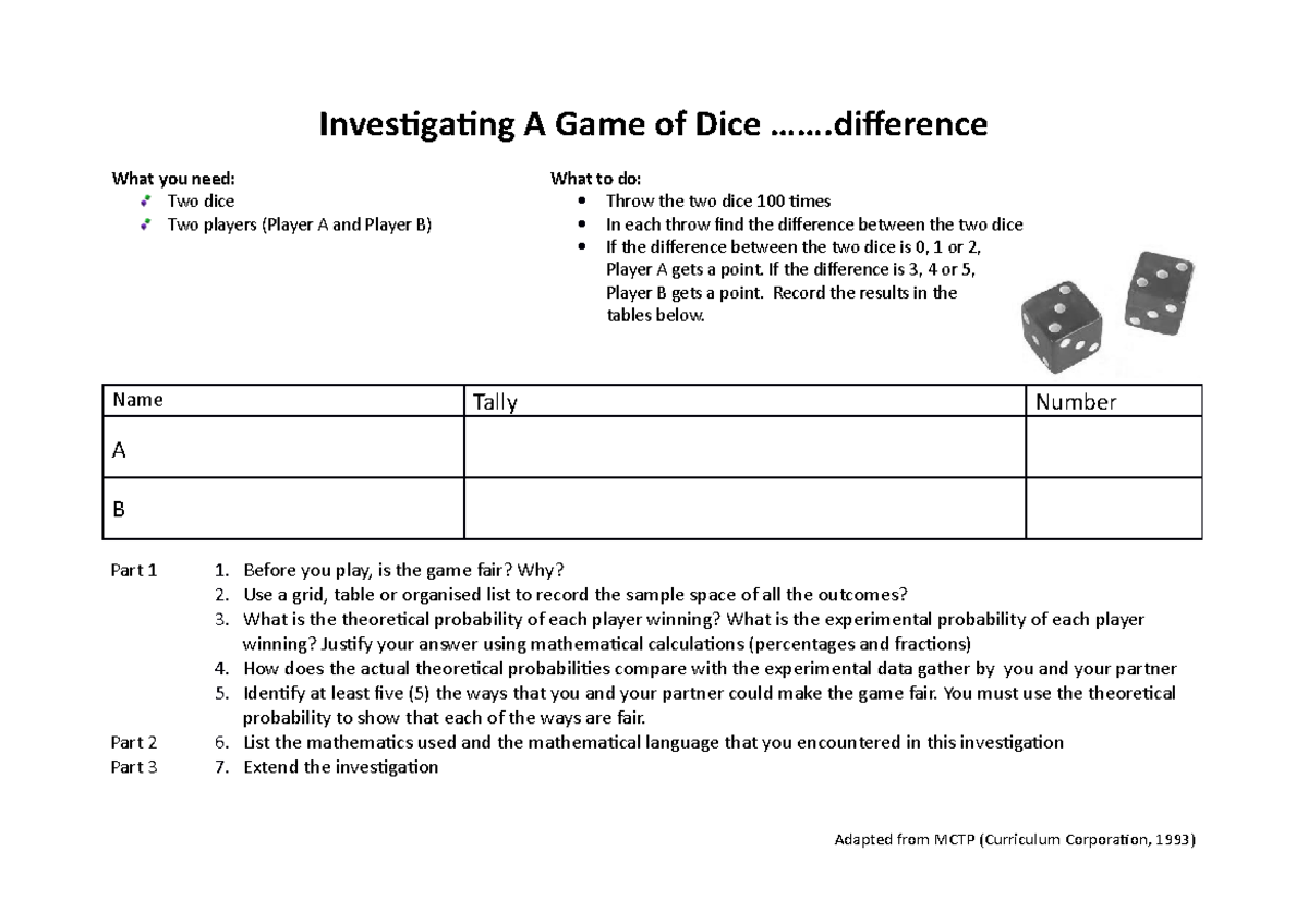 DICE difference investigation - Investigating A Game of Dice ...