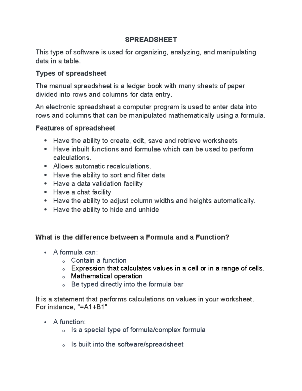 Spreadsheet part1 defination and functions - SPREADSHEET This type of ...