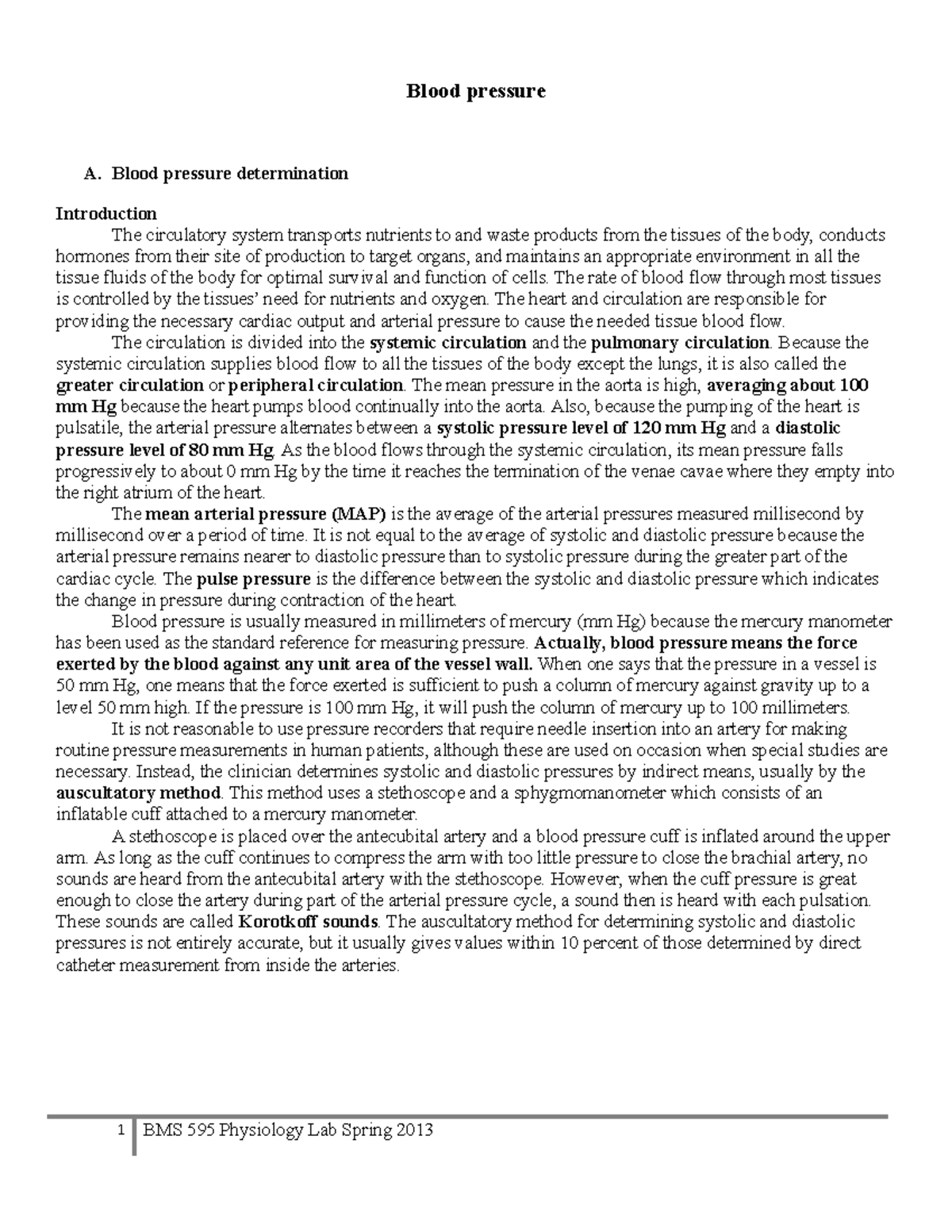Blood Pressure - Blood pressure A. Blood pressure determination ...