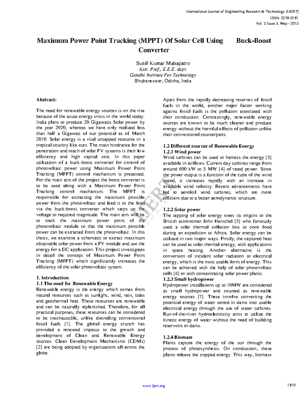 Maximum power point tracking mppt of solar cell using buck boost ...