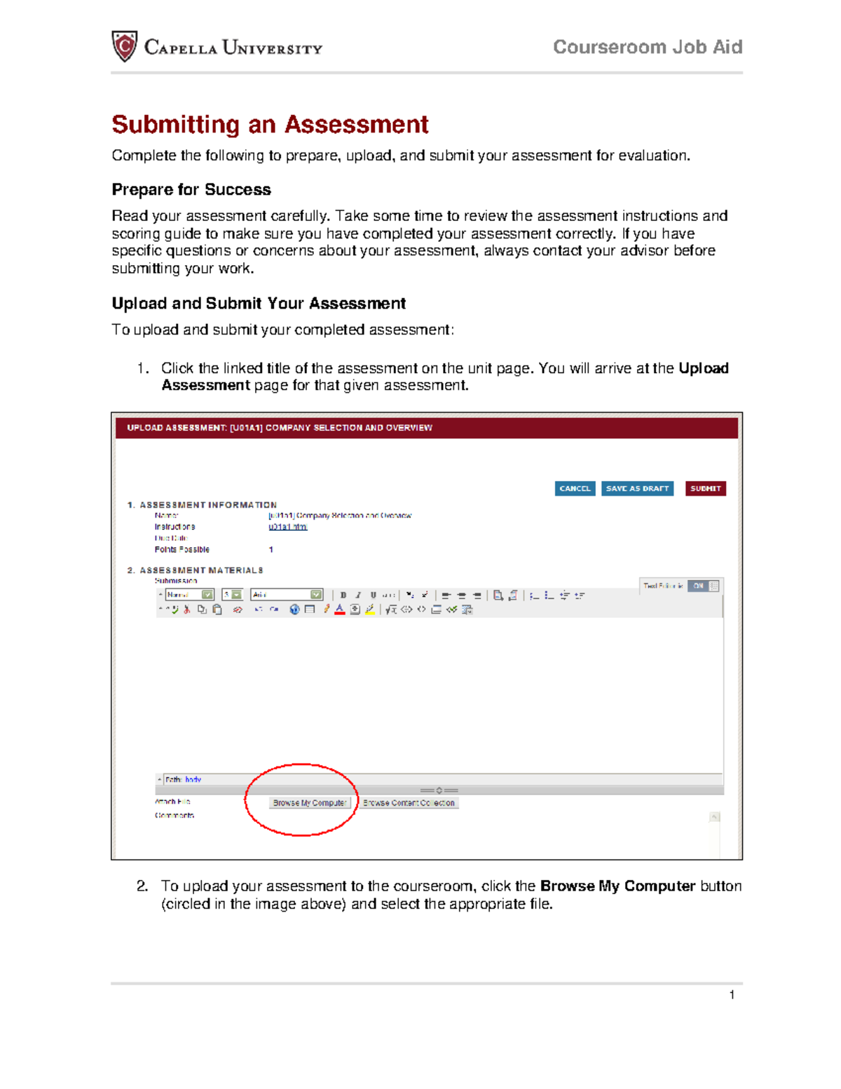 Submitting an assessment - 1 Courseroom Job Aid Submitting an ...