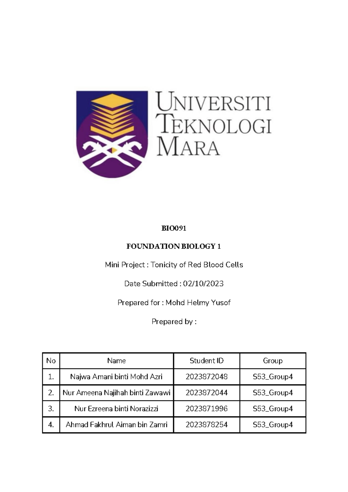 Mini Project S53 Group 4 - BIO FOUNDATION BIOLOGY 1 Mini Project ...