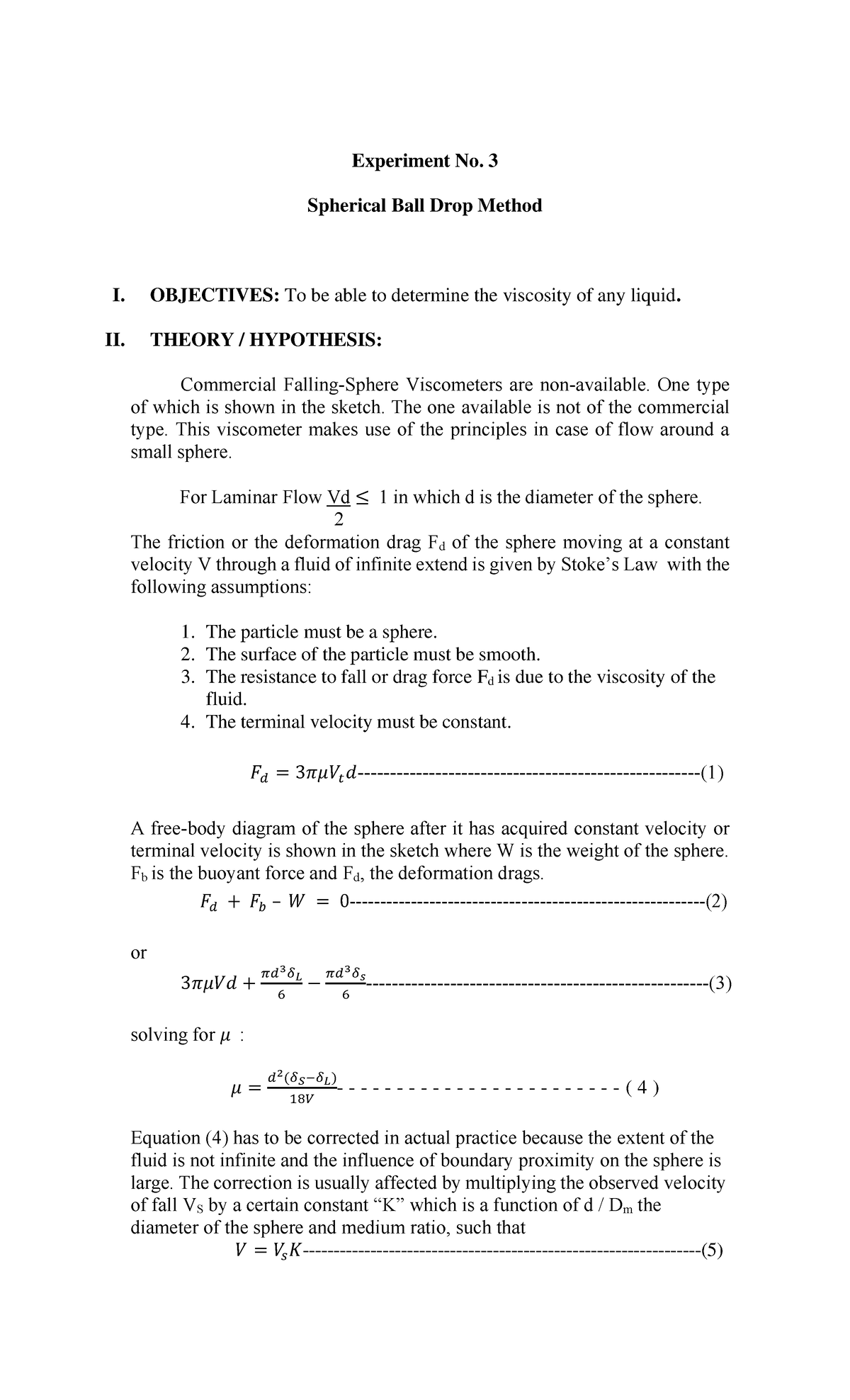Experiment No. 3 - Experiment No. 3 Spherical Ball Drop Method I ...