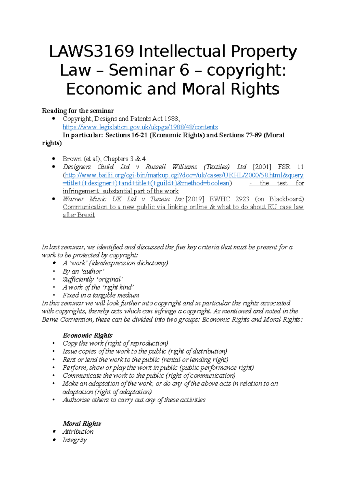 IP 6 - LAWS3169 Intellectual Property Law – Seminar 6 – copyright ...