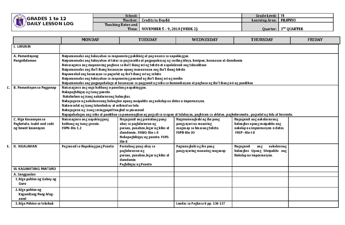 DLL Quarter 3 Week 2 Filipino 6 - GRADES 1 to 12 DAILY LESSON LOG School: Grade Level: VI ...