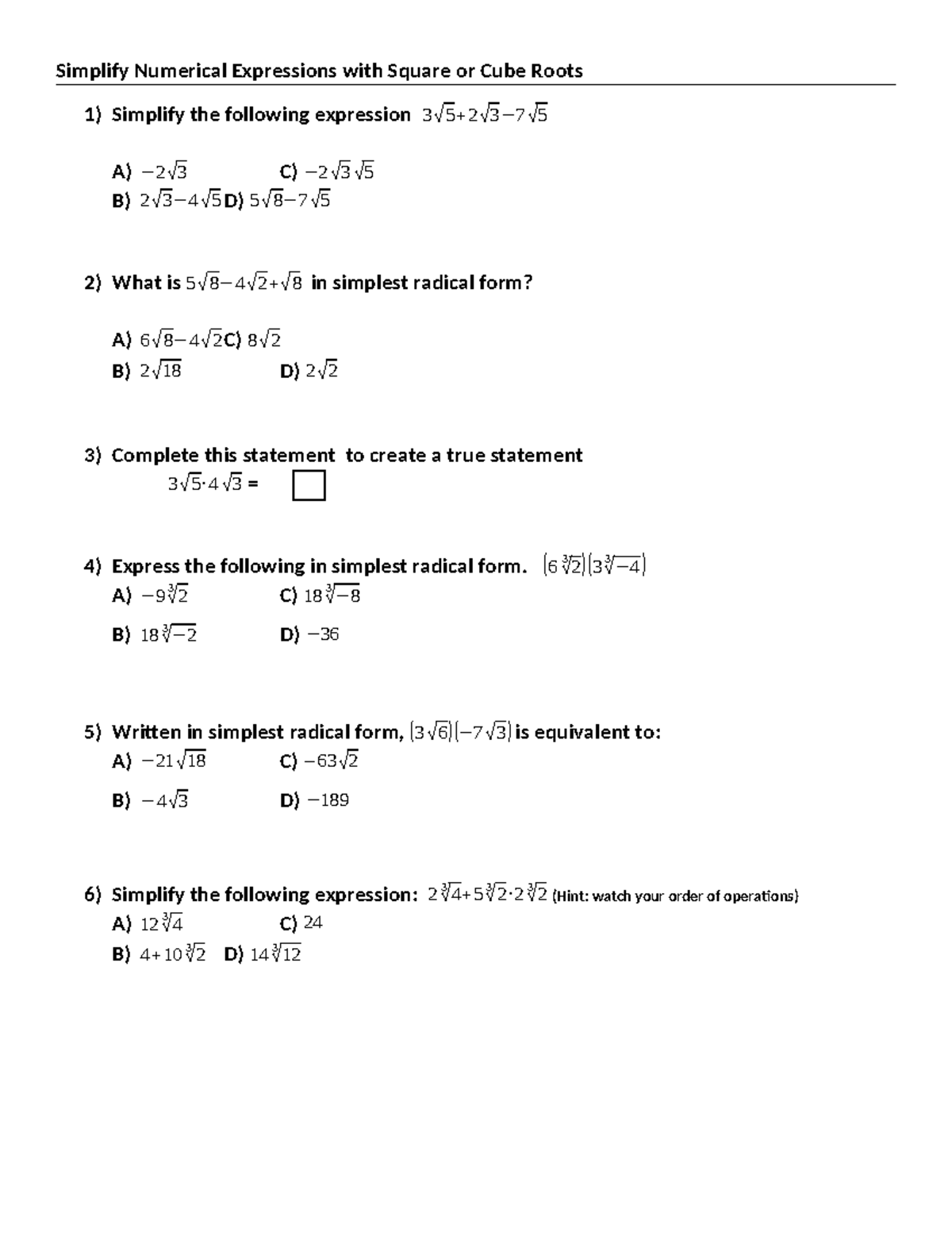 Simplify Numerical Expressions with Square or Cube Roots - ( 3 √ 5 ∙ 4 ...