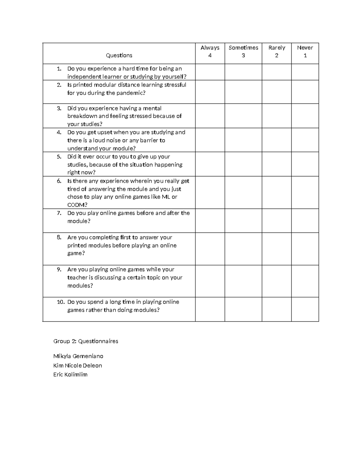 Erics-group edited-questionnaire - Questions Always 4 Sometimes 3 ...