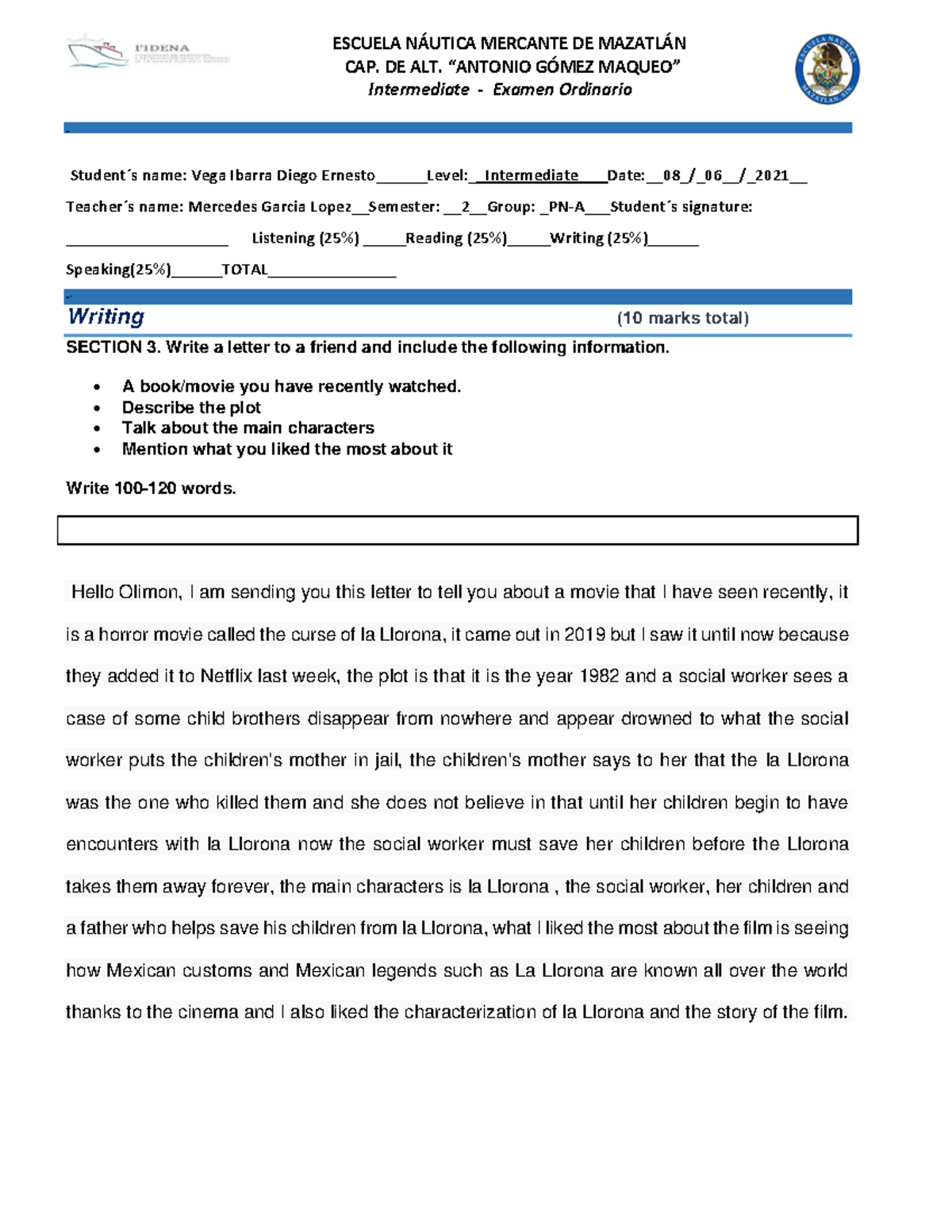 Vega Ibarra Writing Exam 2PN-A - ESCUELA NÁUTICA MERCANTE DE MAZATLÁN ...