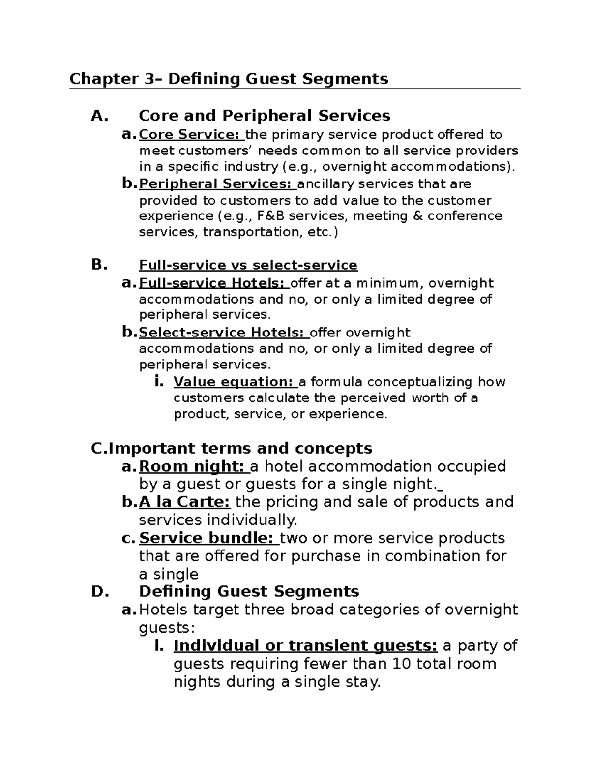 Chapter 3 Notes - HM 322 Baltazar - Chapter 3– Defining Guest Segments ...