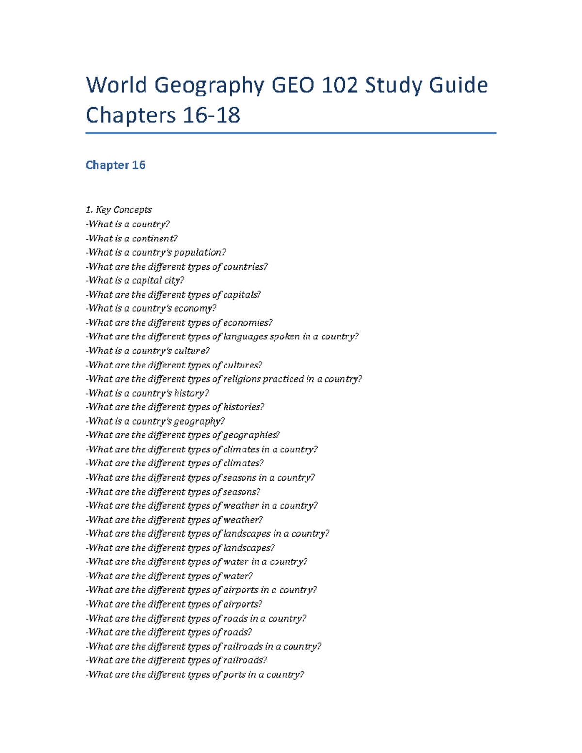 World Geography GEO 102 Study Guide Chapters 16-18 - World Geography ...
