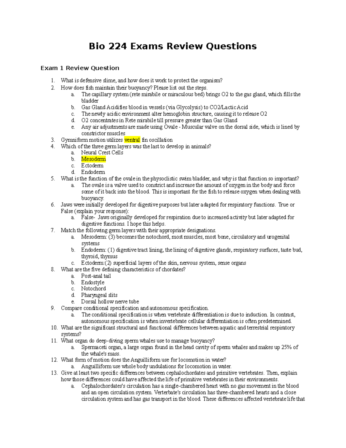 Bio 224 Final Exam Review Questions for Practice including Exam 1, Exam ...