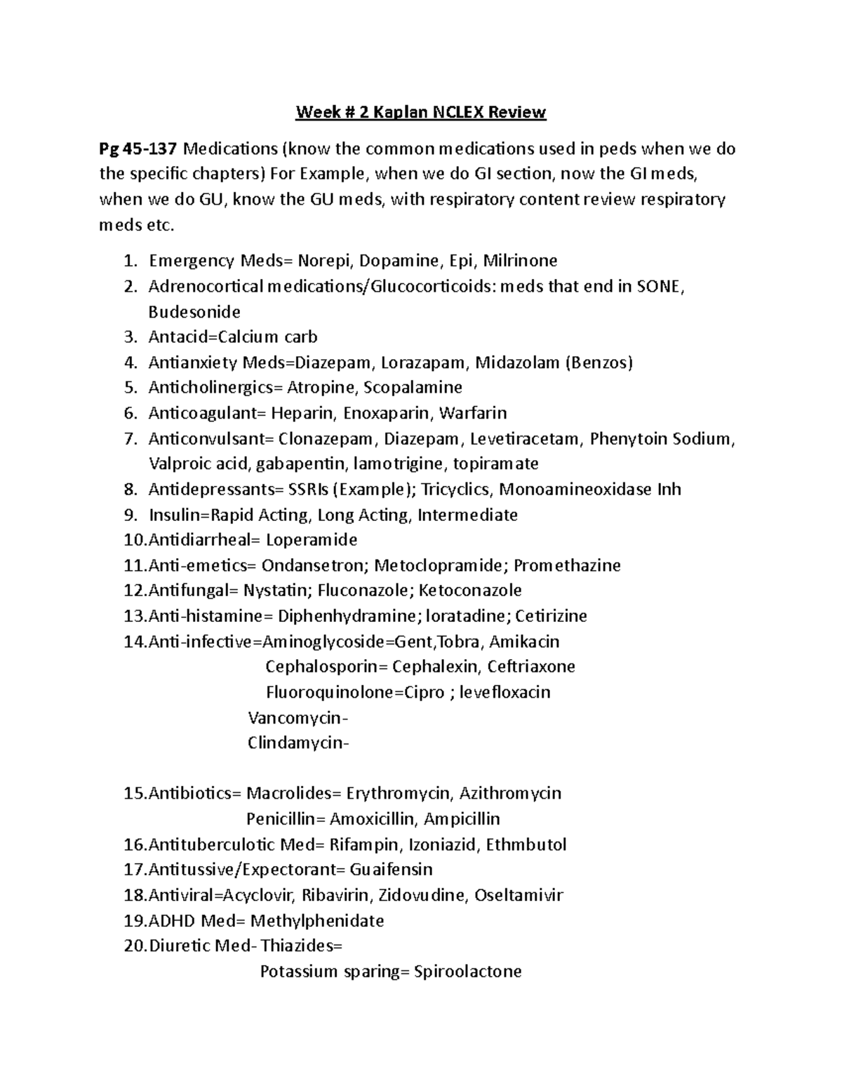 Week # 2 Medication and Diagnostic tests complete list - Week # 2 ...